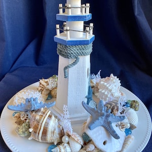 Tall Wood Lighthouse Centerpiece W/ Shells, Slate Blue Starfish ...