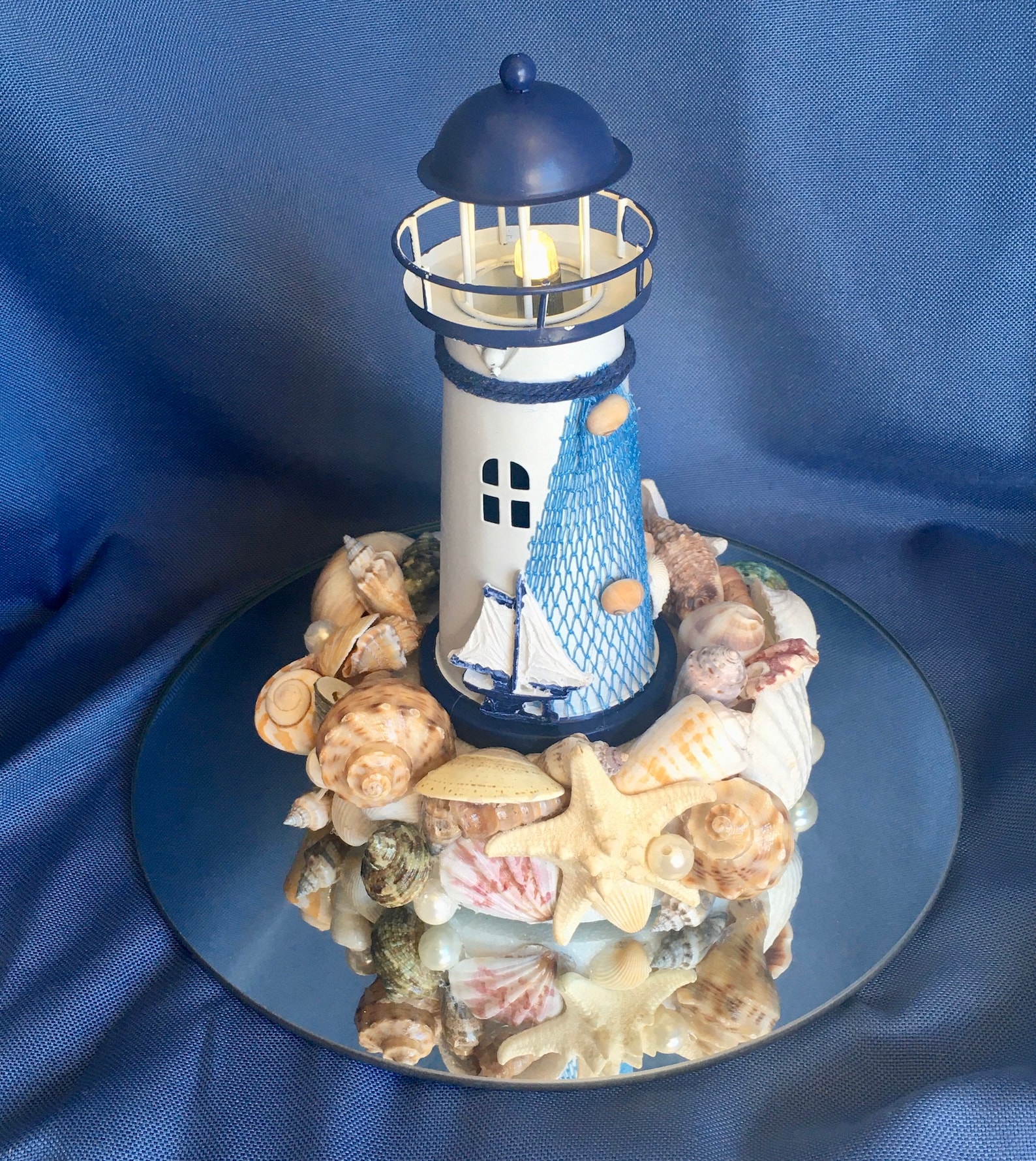 Beach Centerpiece Shells and LED Lighthouse With or Without 10” Mirror ...