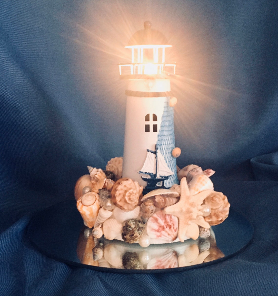 Beach Centerpiece Shells and LED Lighthouse With or Without 10” Mirror ...