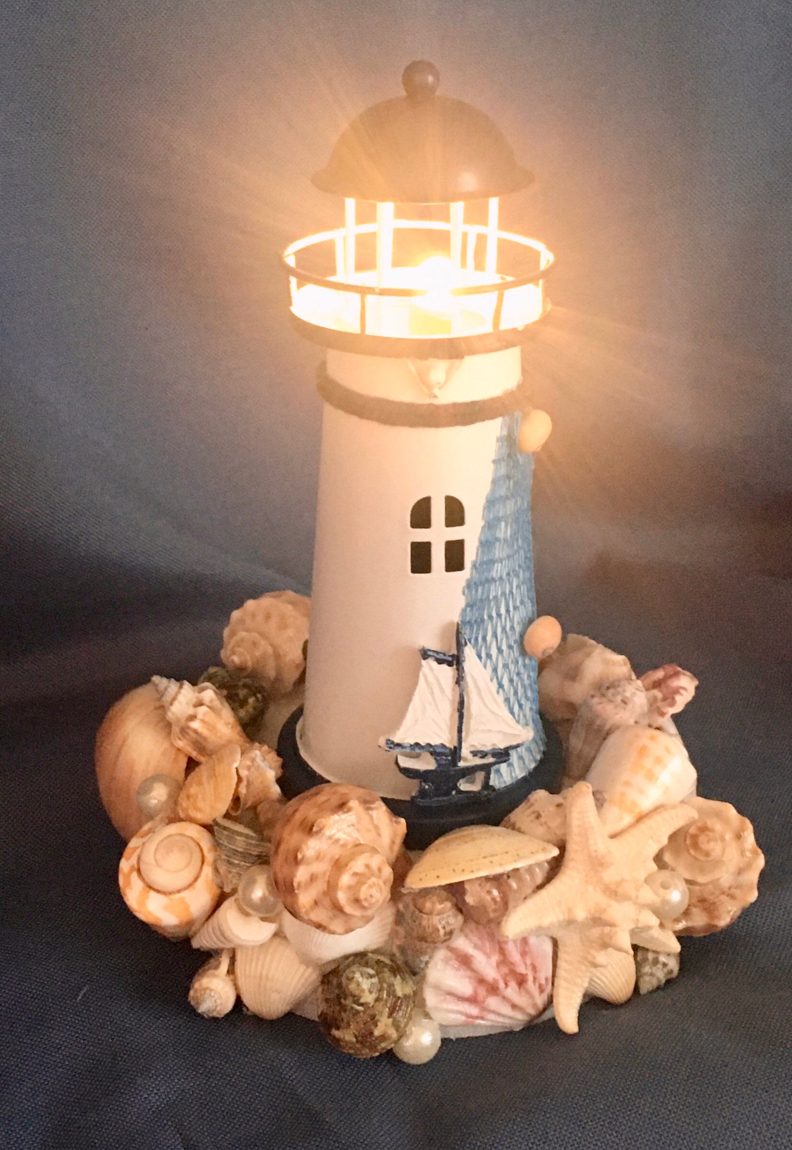 Beach Centerpiece Shells and LED Lighthouse With or Without 10” Mirror ...