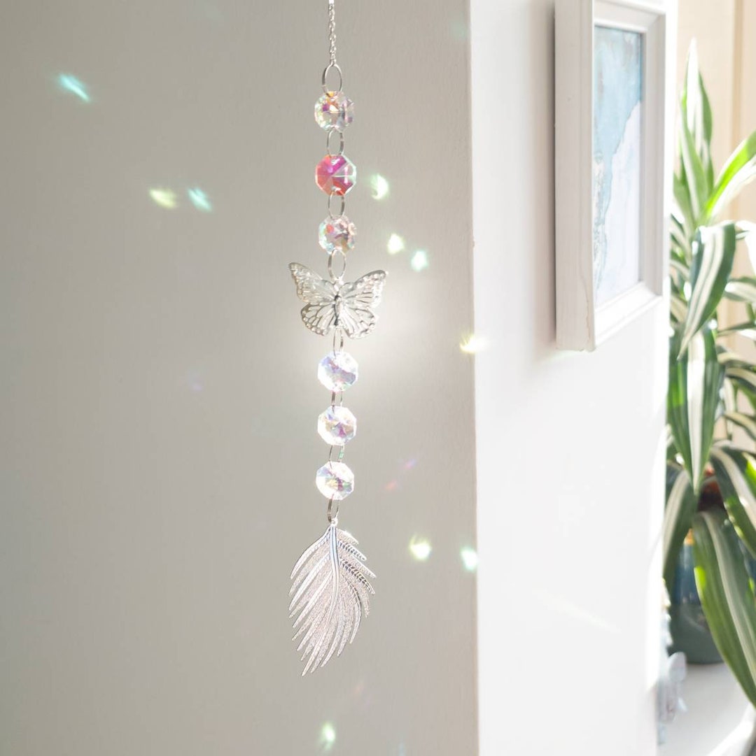 Butterfly & Feather Suncatcher Crystal Sun Catcher Stunning Silver ...