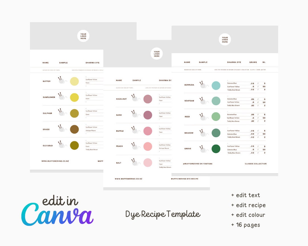 Dye Recipe Record Keeping Canva Template | Hand Dyeing | Mix Your Own ...