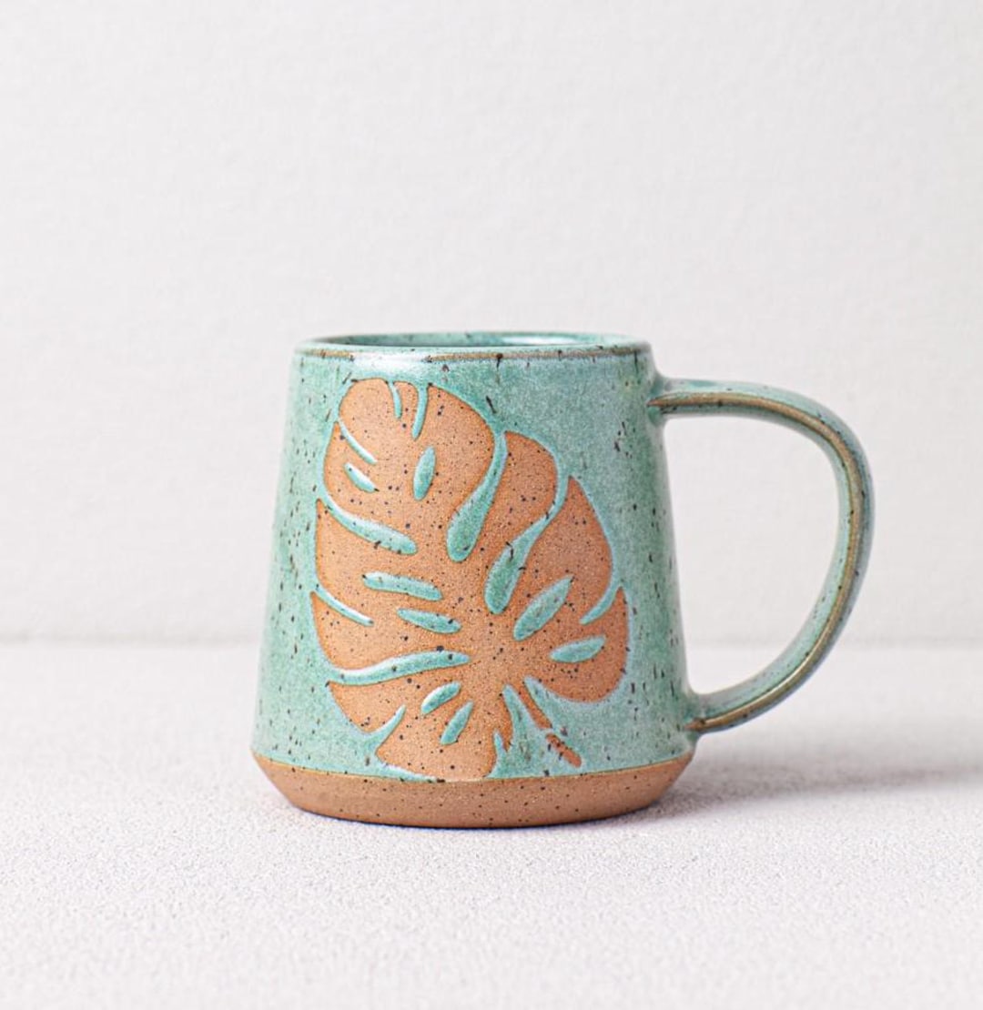 Turquoise Monstera Leaf Mug - Botanical Mug - Tropical Leaf Mug ...