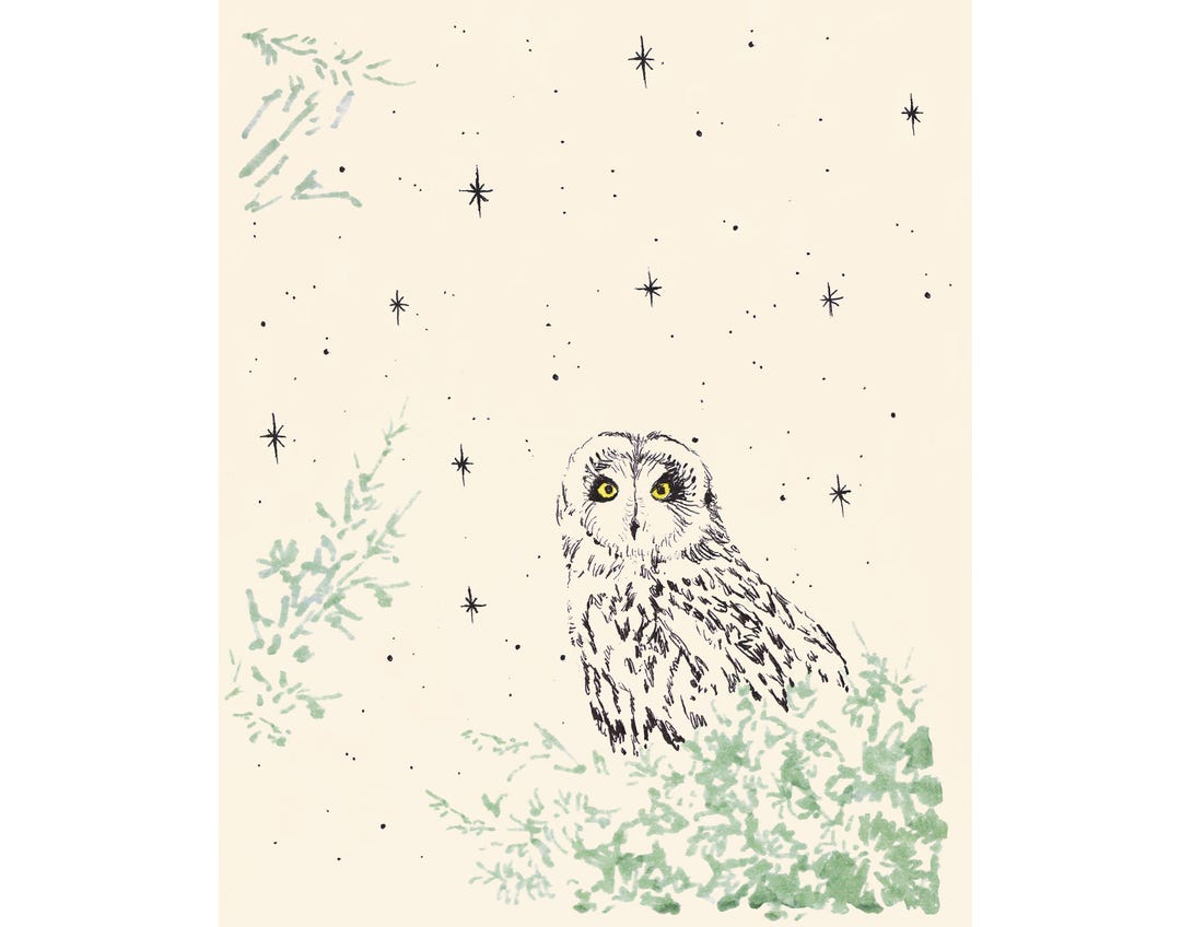 Two Yellow Lanterns - Archival Print of an Owl Painting for Nursery or ...