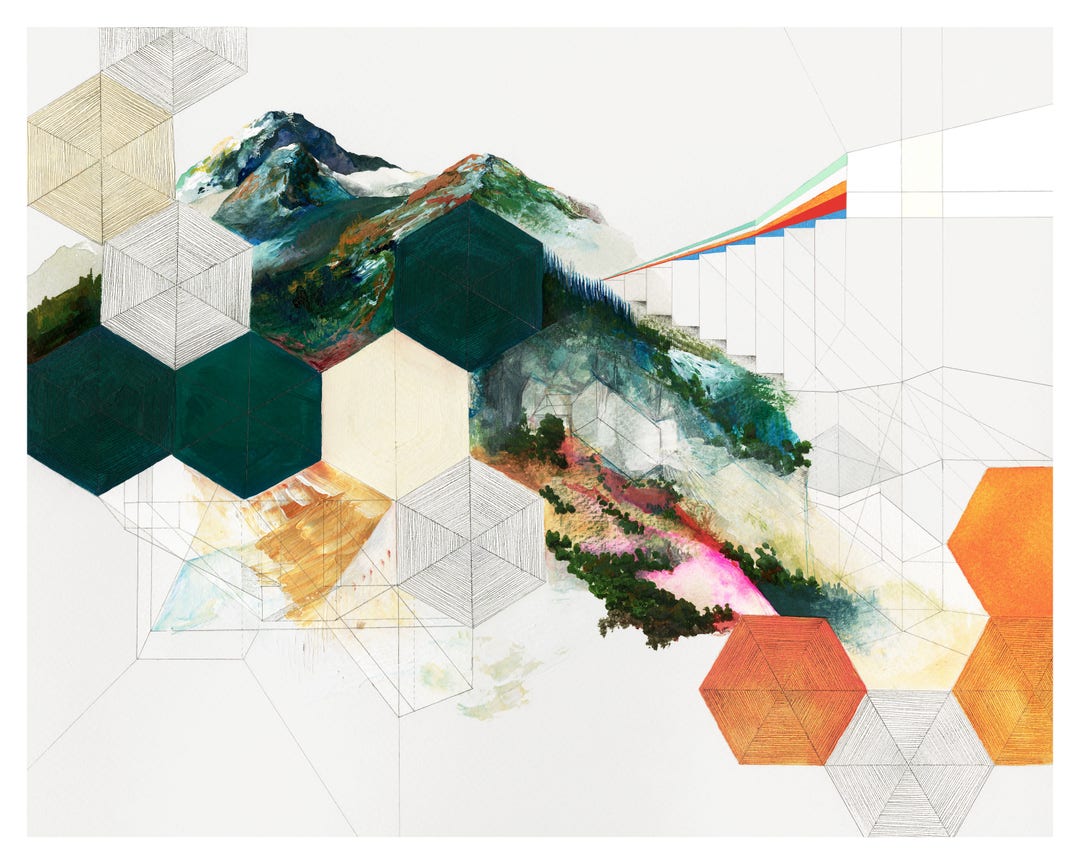 Mountainsides - Archival Art Print Painting of Geometric Mountainscape ...