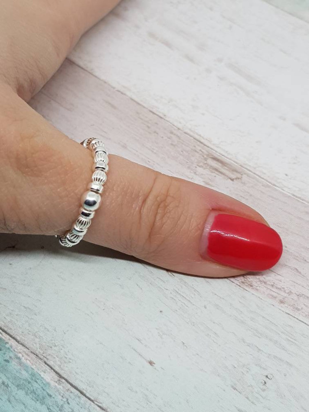 Sterling Silver Stretch Bead Ring, Silver Toe Ring, Thumb Ring, Beaded ...