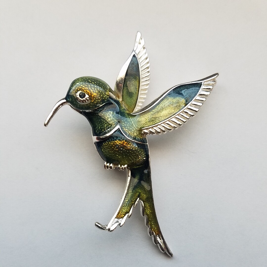 Vintage Silvertone Hummingbird Cloisonne Brooch - Etsy