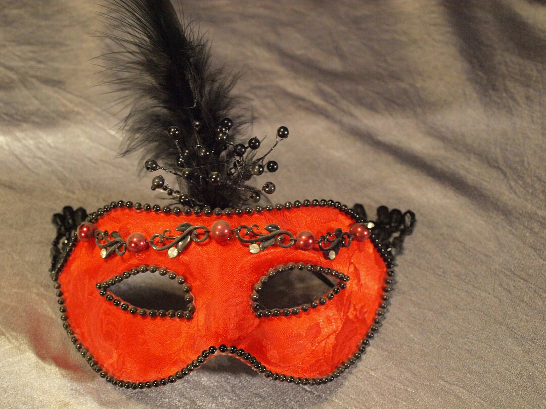 Alluring Red Victorian Masquerade Mask With Black Bead Detailing and ...