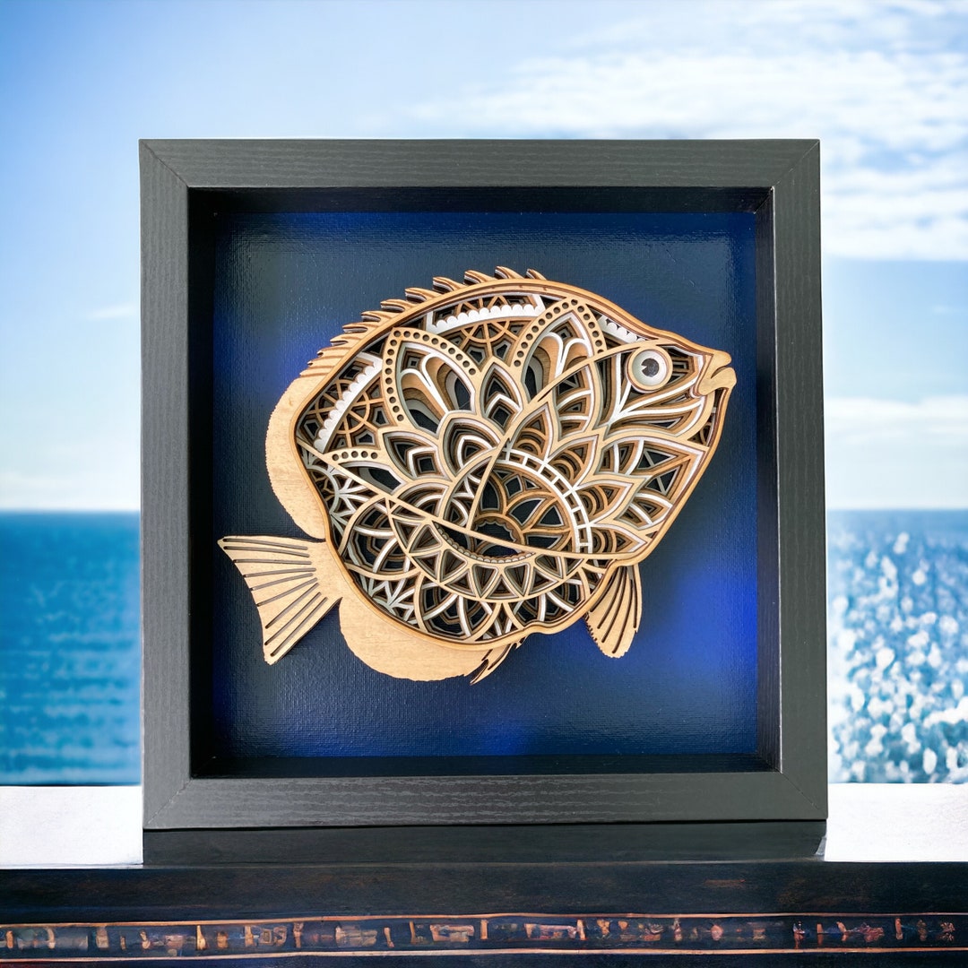 Ocean Fish Framed Layered Wood Art Piece for Shelf, Wall, Desk, Mantle ...