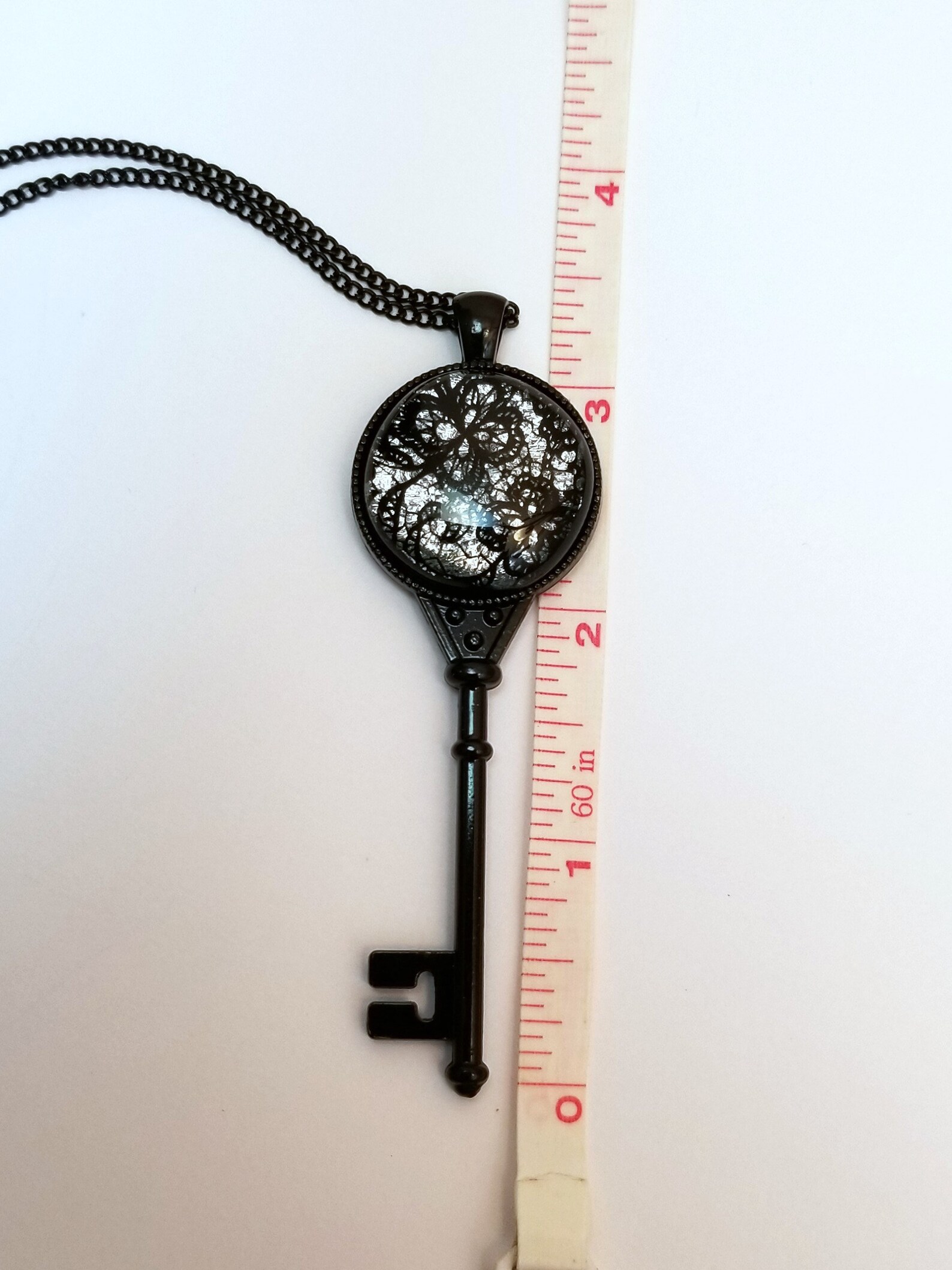 Black Metal Skeleton Key Pendant Necklace With Fused Glass Silver Lace ...