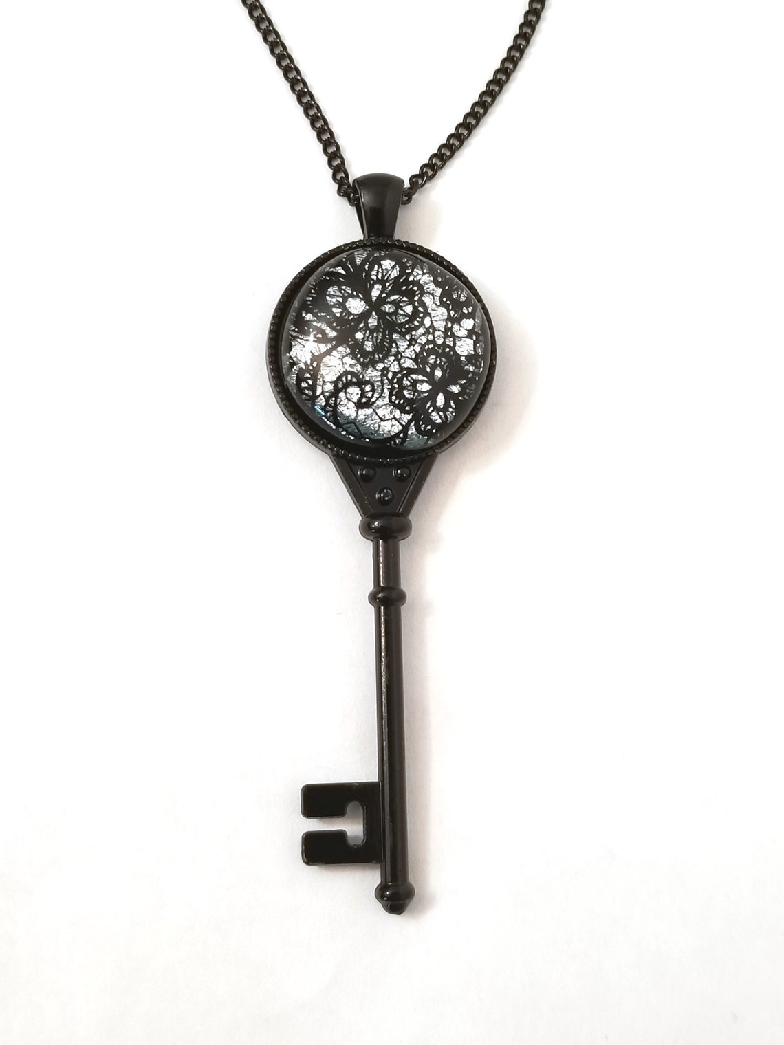 Black Metal Skeleton Key Pendant Necklace With Fused Glass - Etsy