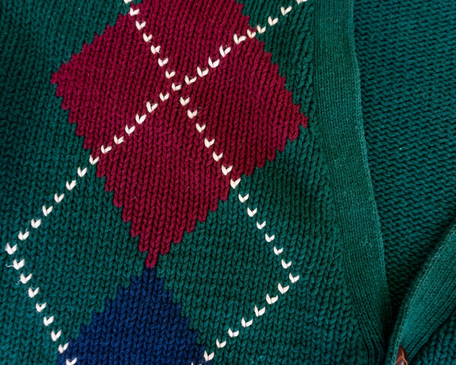 Structure Heavy Knit Cotton Cardigan Sweater With Green Argyle Print ...