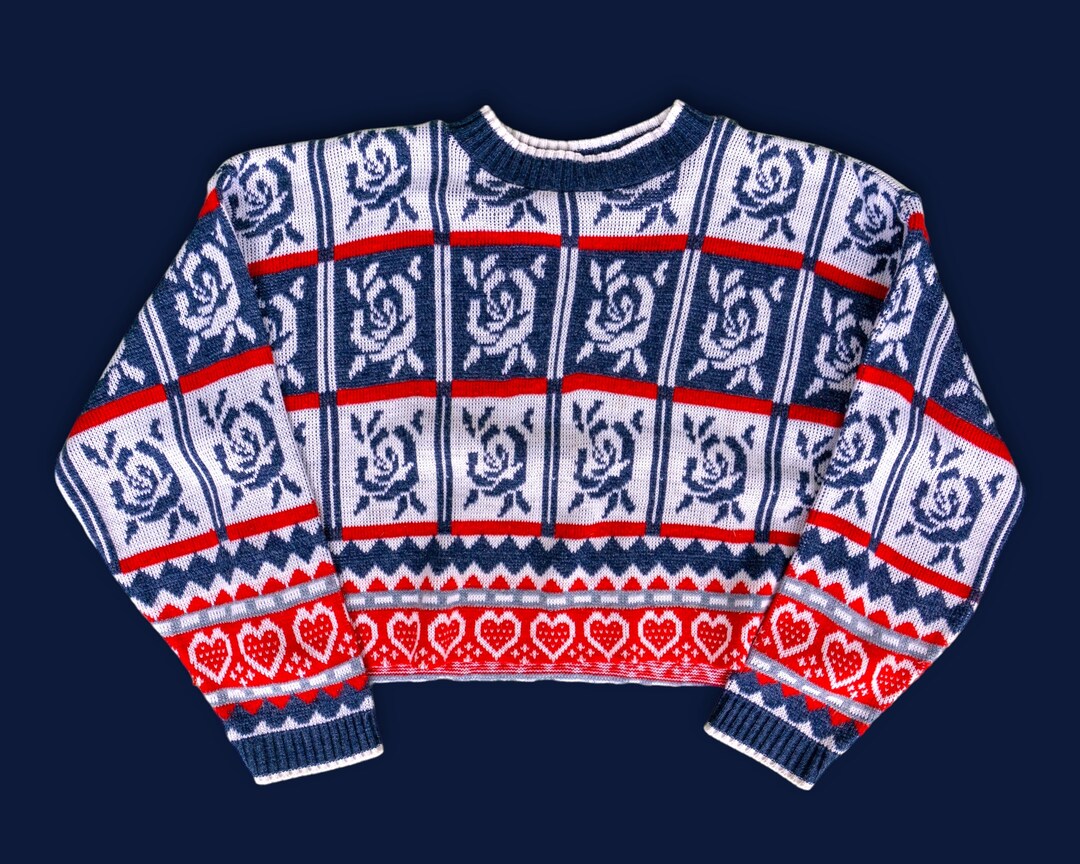 80s Vintage Sweater Cropped - All Over Print Sweater - Cropped Floral ...