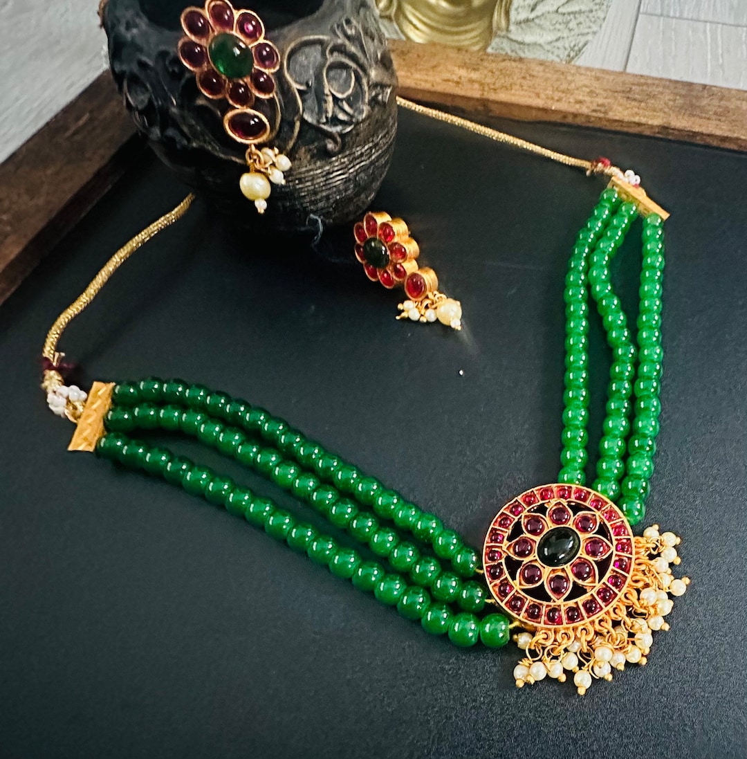 Kemp Green Bead Choker Set , South Indian Jewelry Set, Ruby Choker ...