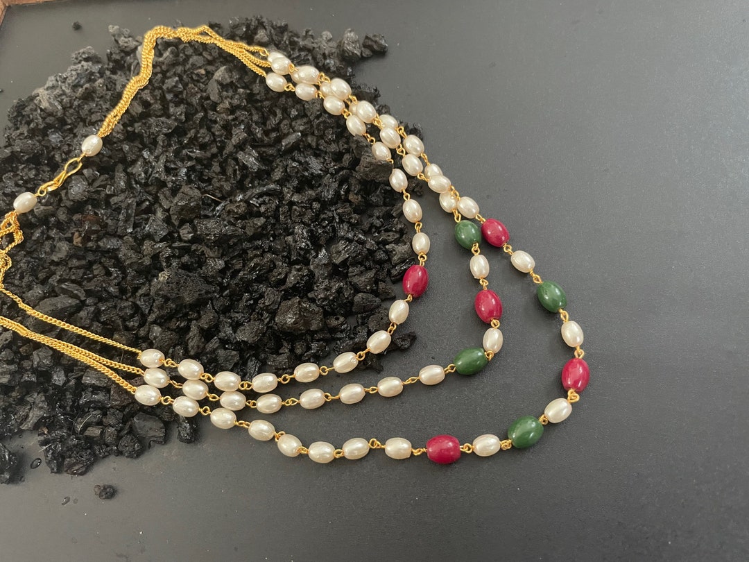 Indian Bridal Pearl Necklace, Gold Step Chain, Ruby Emerald Accent - Etsy