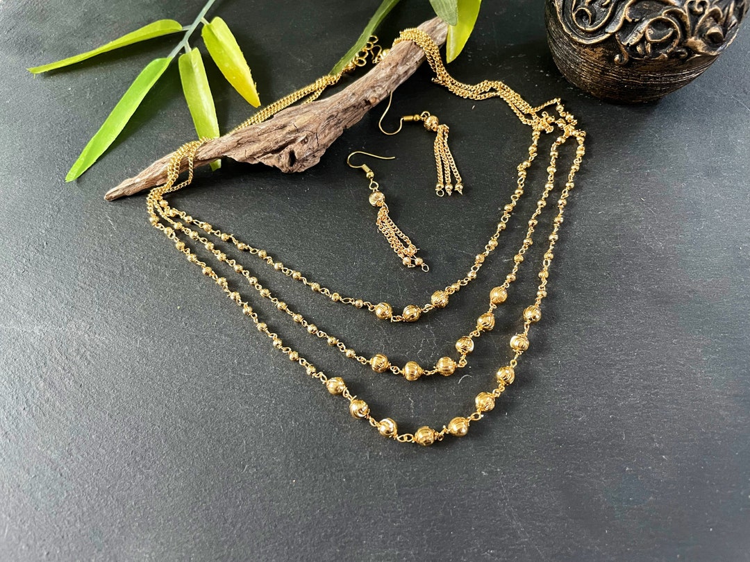Handcrafted Gold Step Chain Necklace, Indian Jewelry Set - Etsy