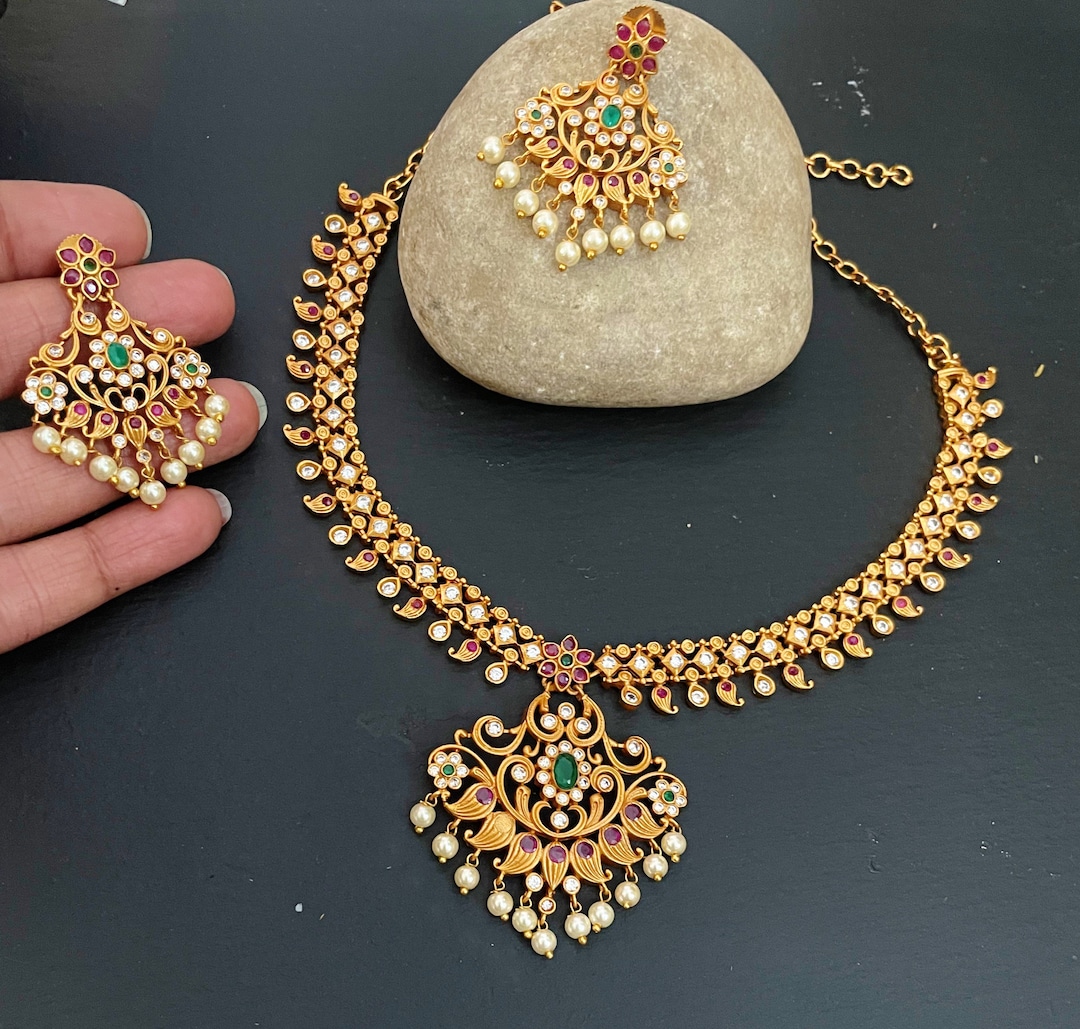 Traditional Temple Jewellery Set, Indian Gold Plated Necklace Set,polki ...