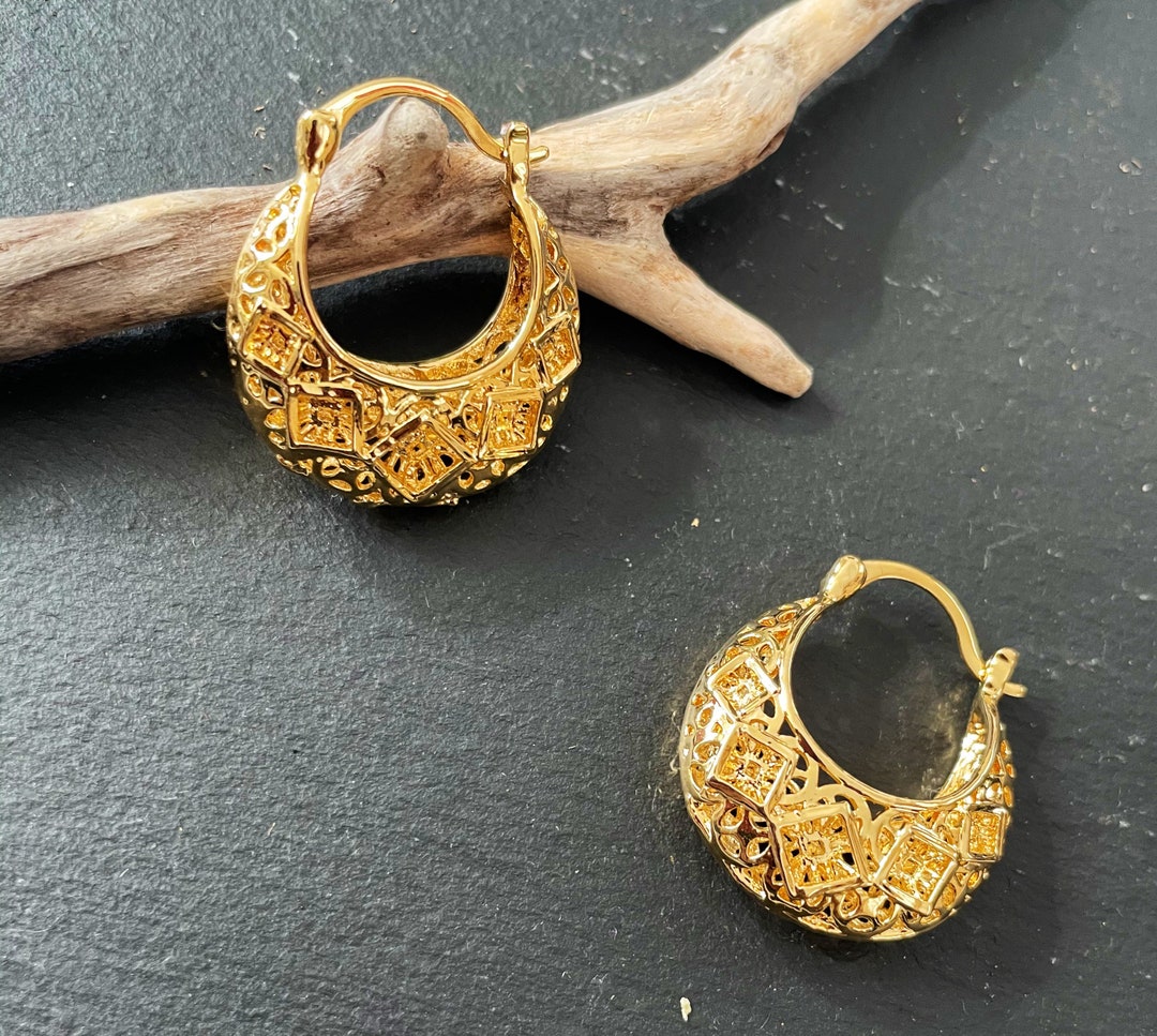 Vintage Gold Basket Hoop Earrings, Indian Ethnic Design - Etsy