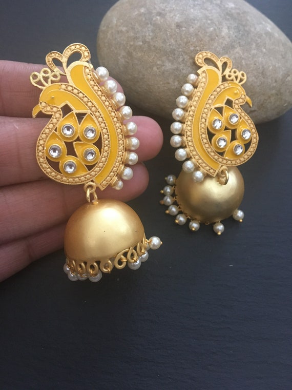 Gold Plated Matt Finish Yellow Kundan Jhumka Earrings gold Jhumka Earrings classic Meenakari Jhumki Earring ethnic Jumki Drops Earrings Etsy