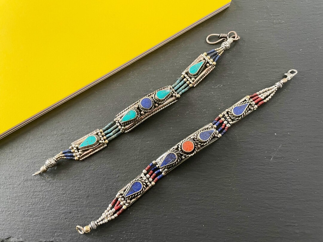 Silver Nepali Gemstone Bracelet, Silver Tibetan Turquoise Coral Ethnic ...