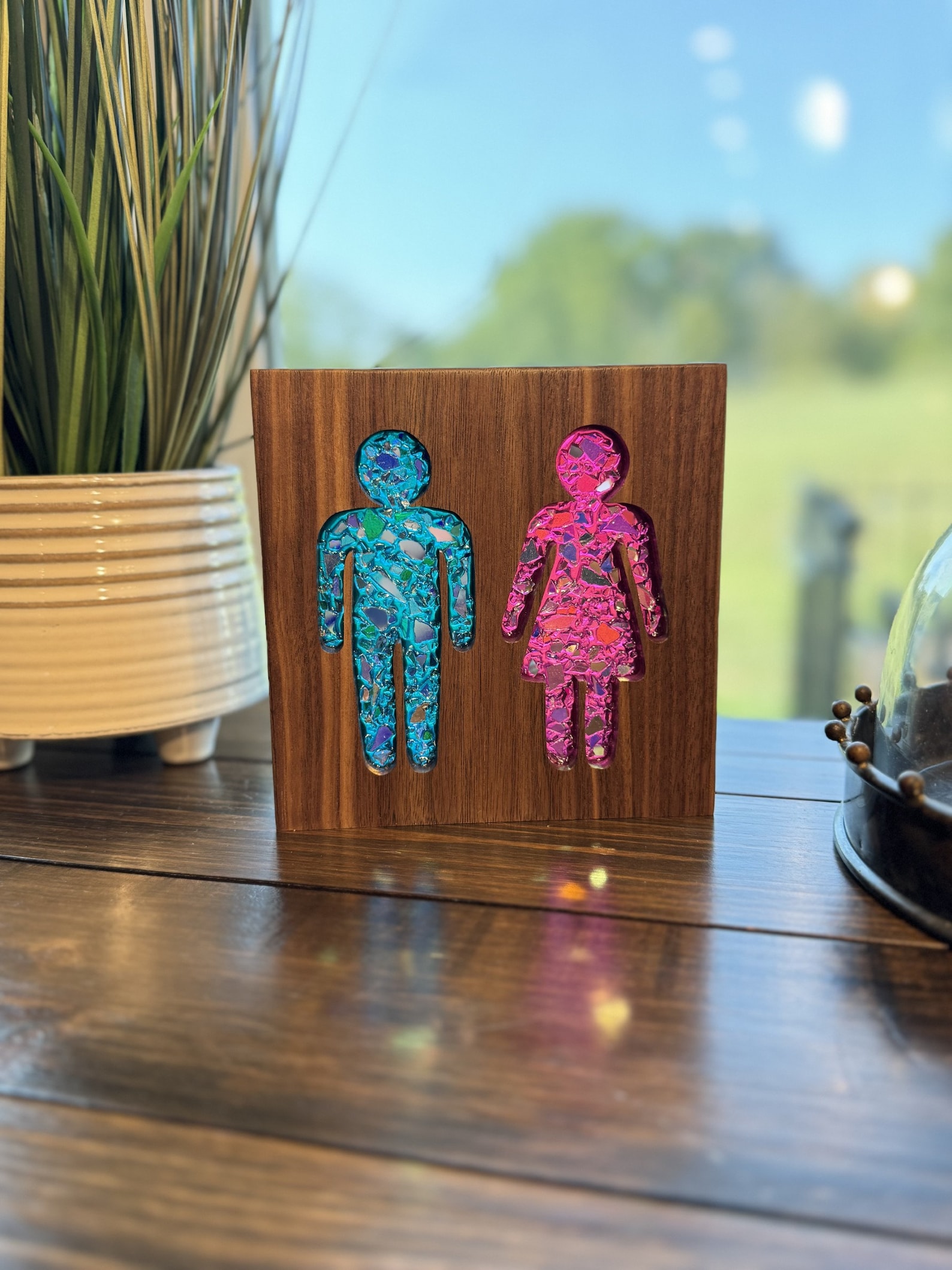 His and Her Bathroom Sign, Bathroom Decor, Glass Art, Glue and Pink ...
