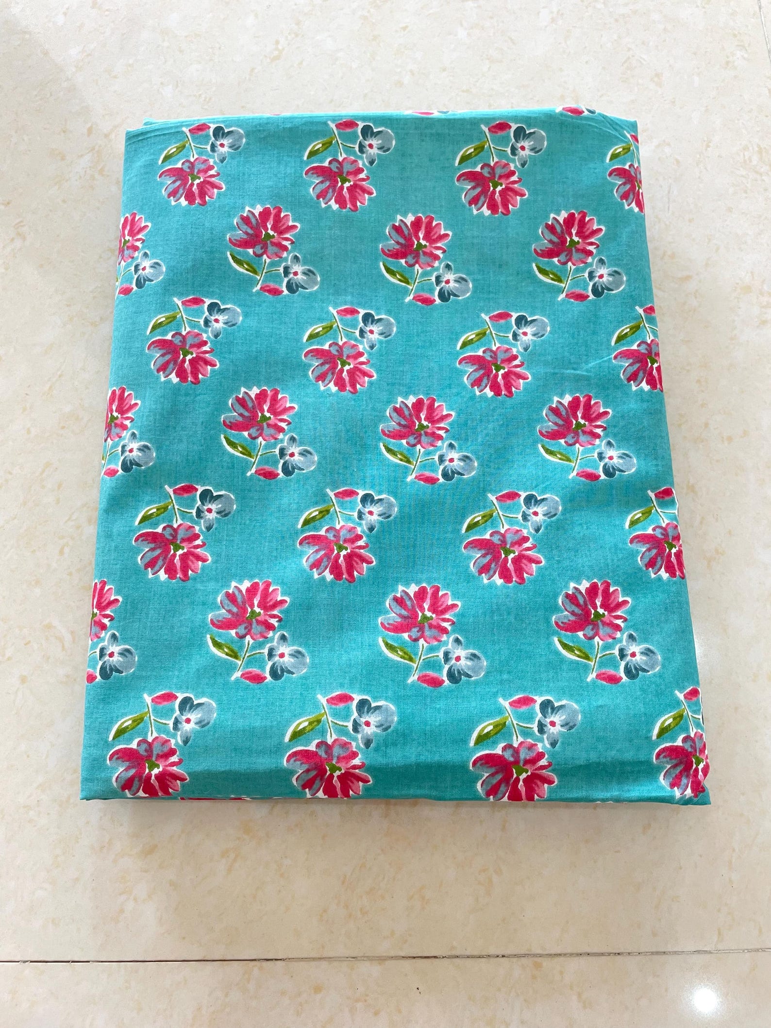 Sky Blue and Pink Small Motifs Print Fabric, Sustainable Fashion, 100% ...