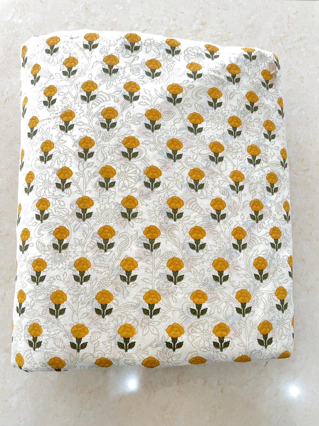White and Yellow Samll Motifs Print Fabric, Soft Fabric, Sustainable ...