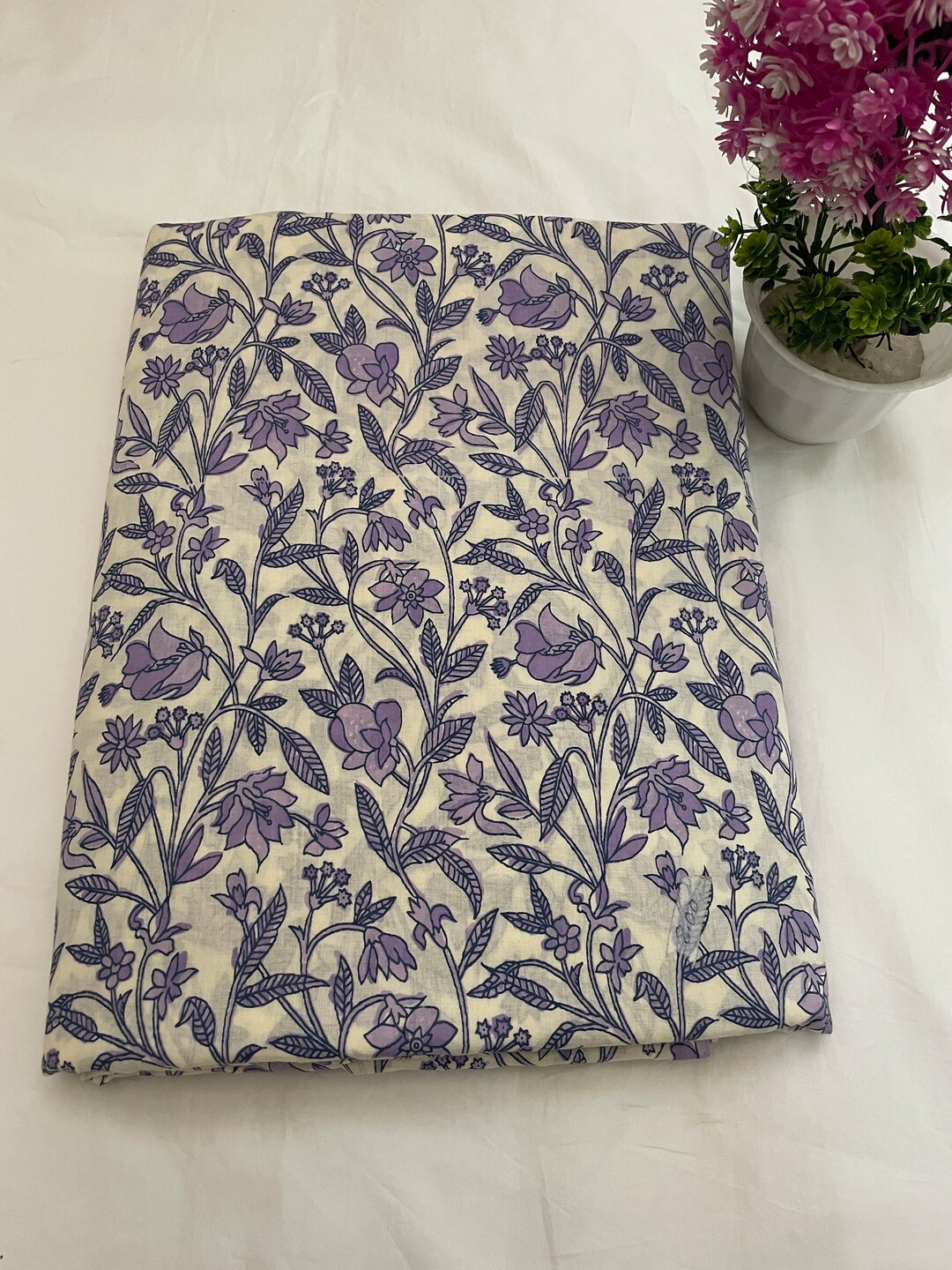 Off White and Purple Floral Print Fabric , Soft Cotton, Sustainable ...