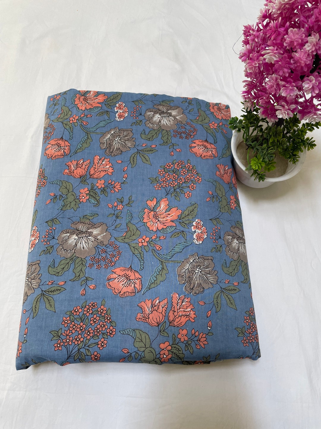Steel Blue Floral Print Fabric , Soft Fabric, Sustainable Fashion, 100% ...