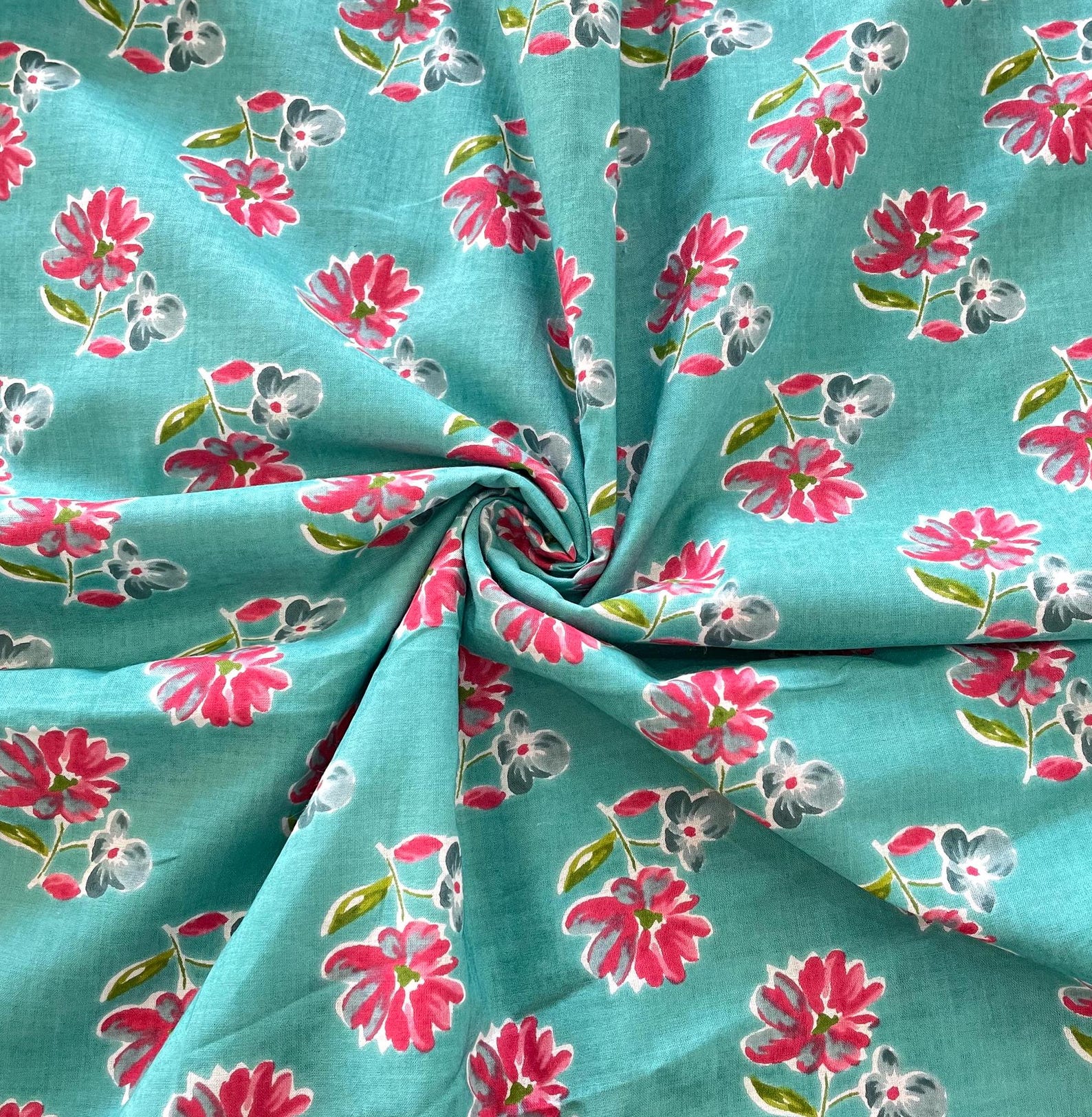 Sky Blue and Pink Small Motifs Print Fabric, Sustainable Fashion, 100% ...