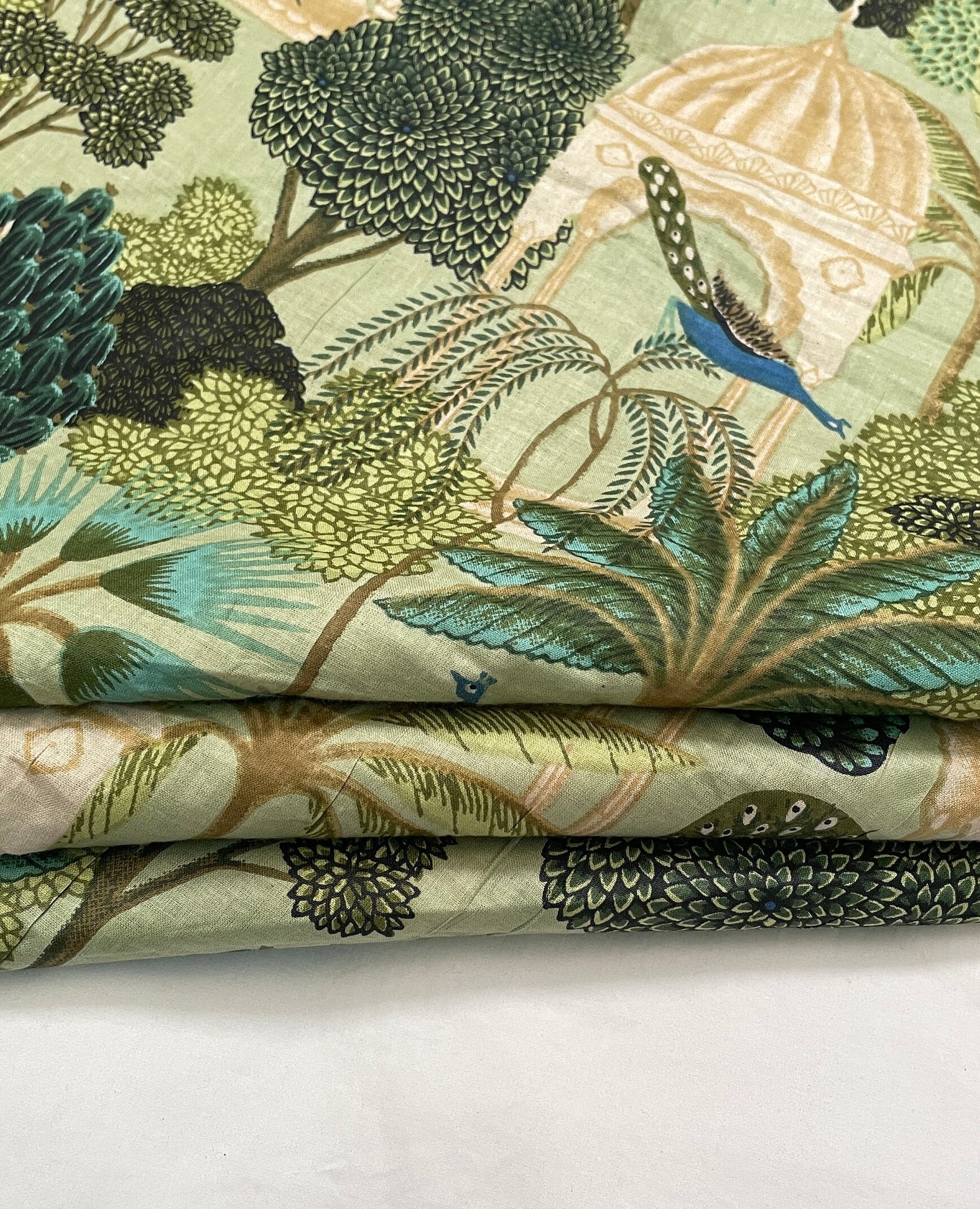 Mint Green Peacock Plant and Tree Print Fabric, Sustainable Fashion ...