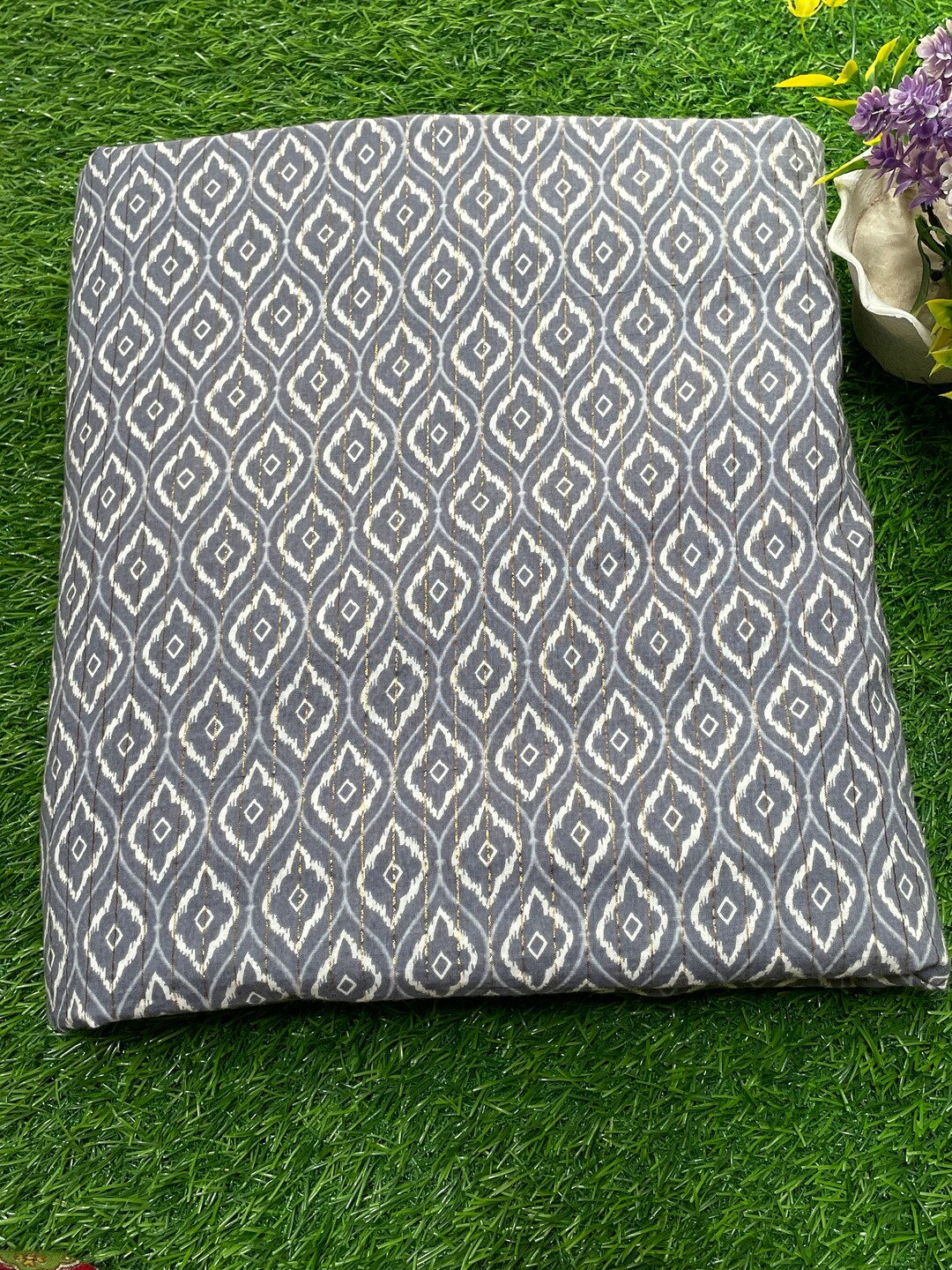 Gray , White Lurex and Shall Print Fabric, Sustainable Fashion, 100% ...