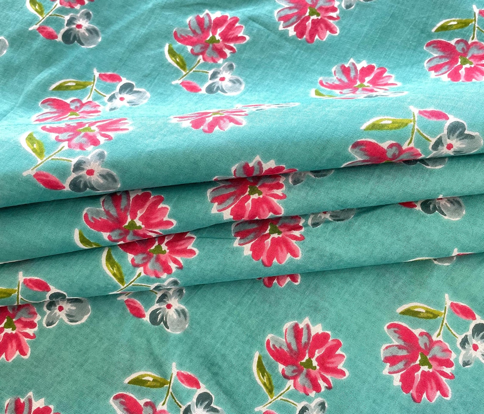 Sky Blue and Pink Small Motifs Print Fabric, Sustainable Fashion, 100% ...