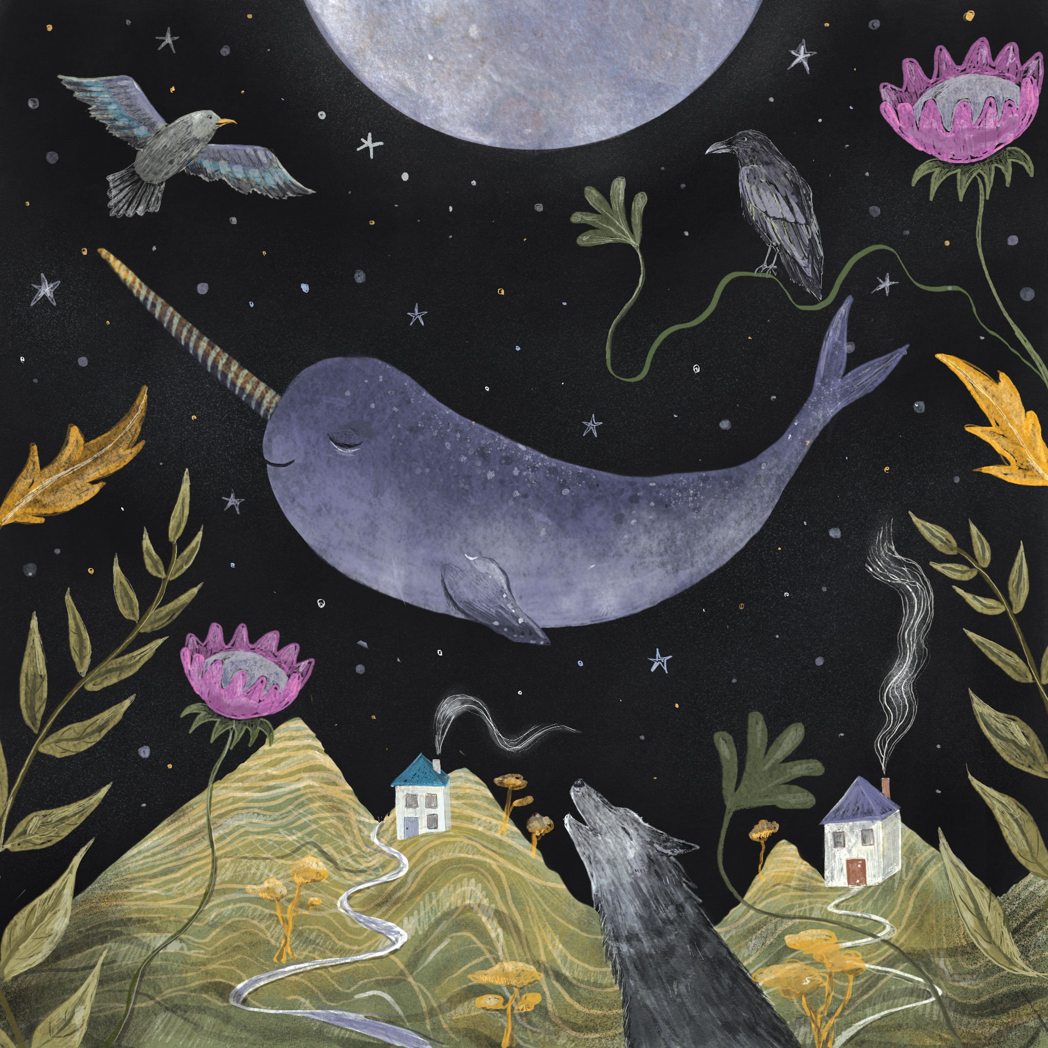 Narwhal Greeting Card: Magical Whale, Moon, and Wolf Illustration - Etsy