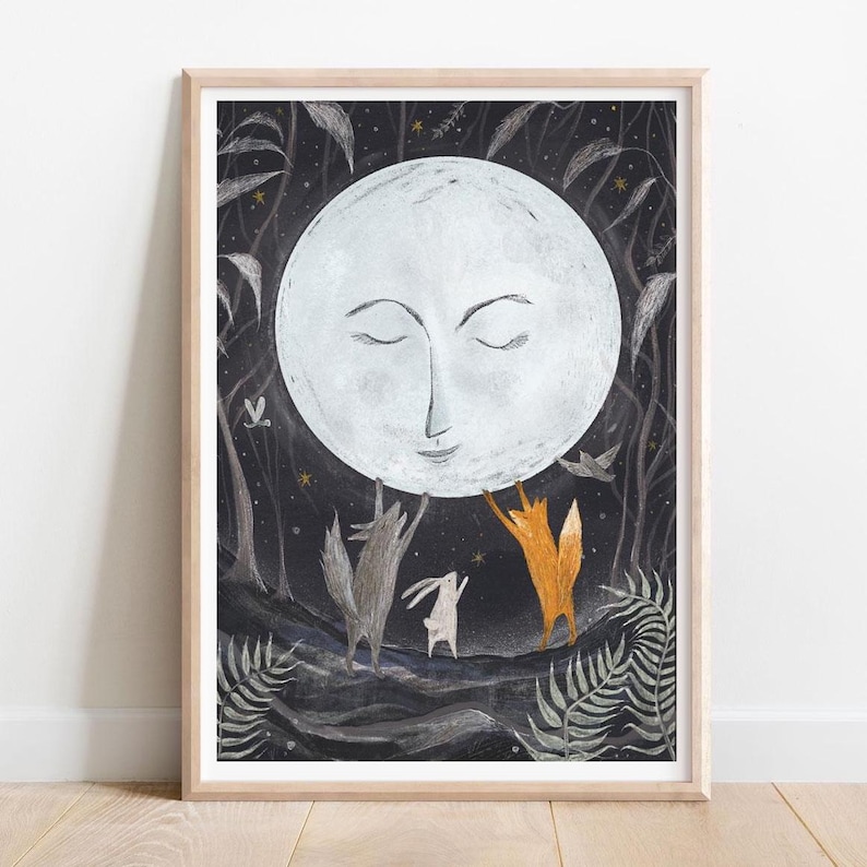 Moon and Friends Print - Animal Illustration - Nursery Print - Wall Art ...
