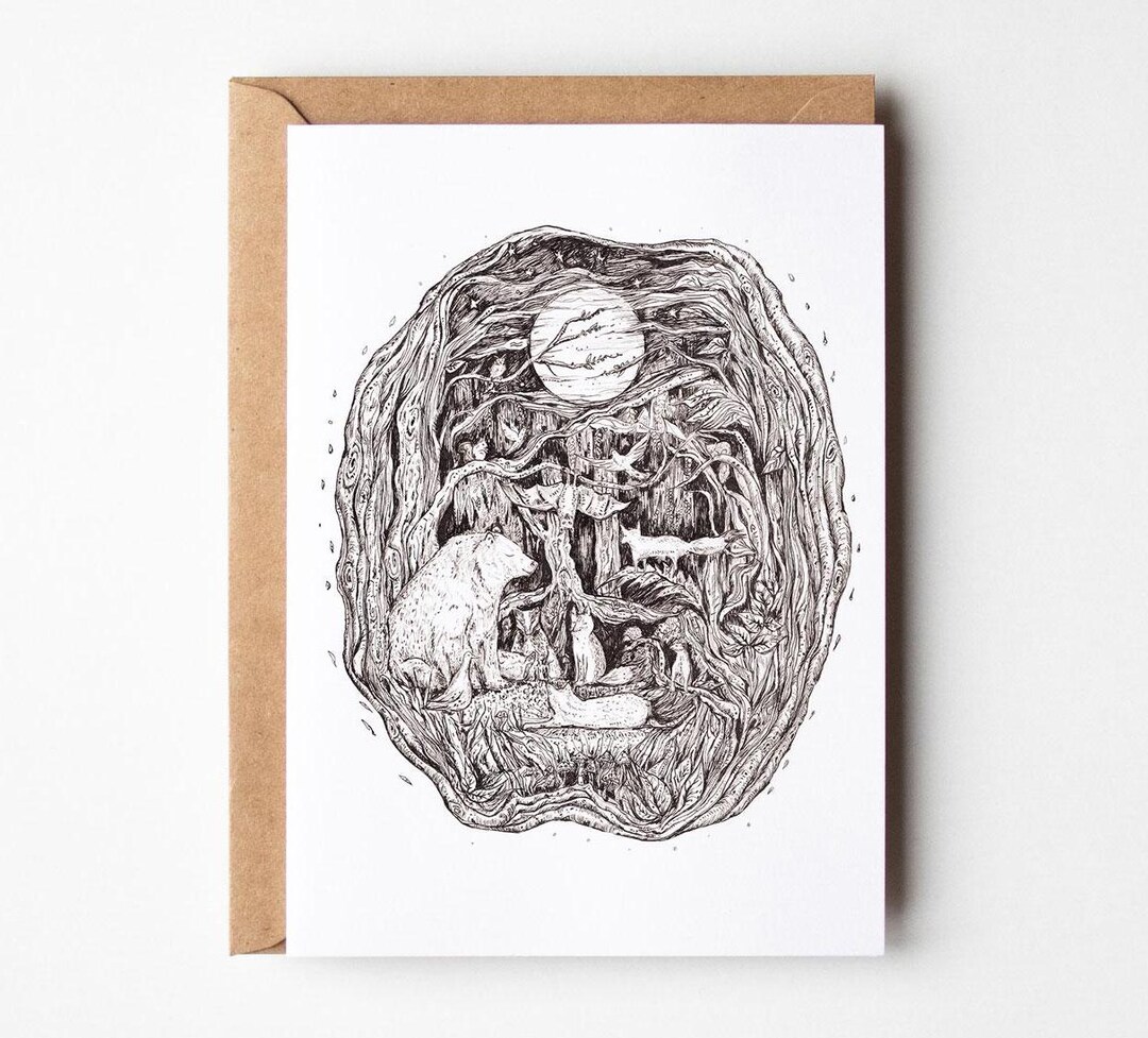 Forest Gathering Card - Forest Ink Drawing - Art Card - Etsy