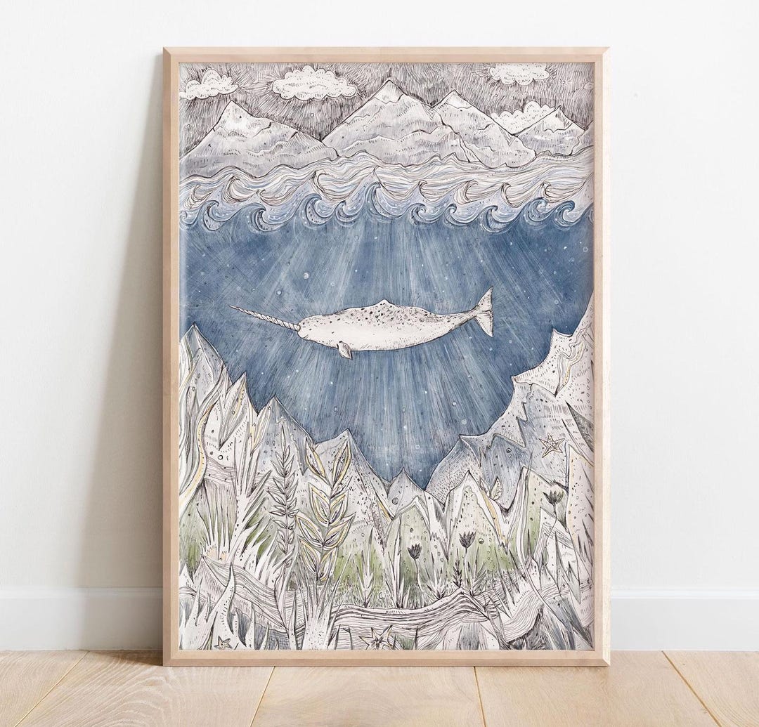 Narwhal Print - Under the Sea Art - Ink Drawing - Sea Creature Print - Etsy