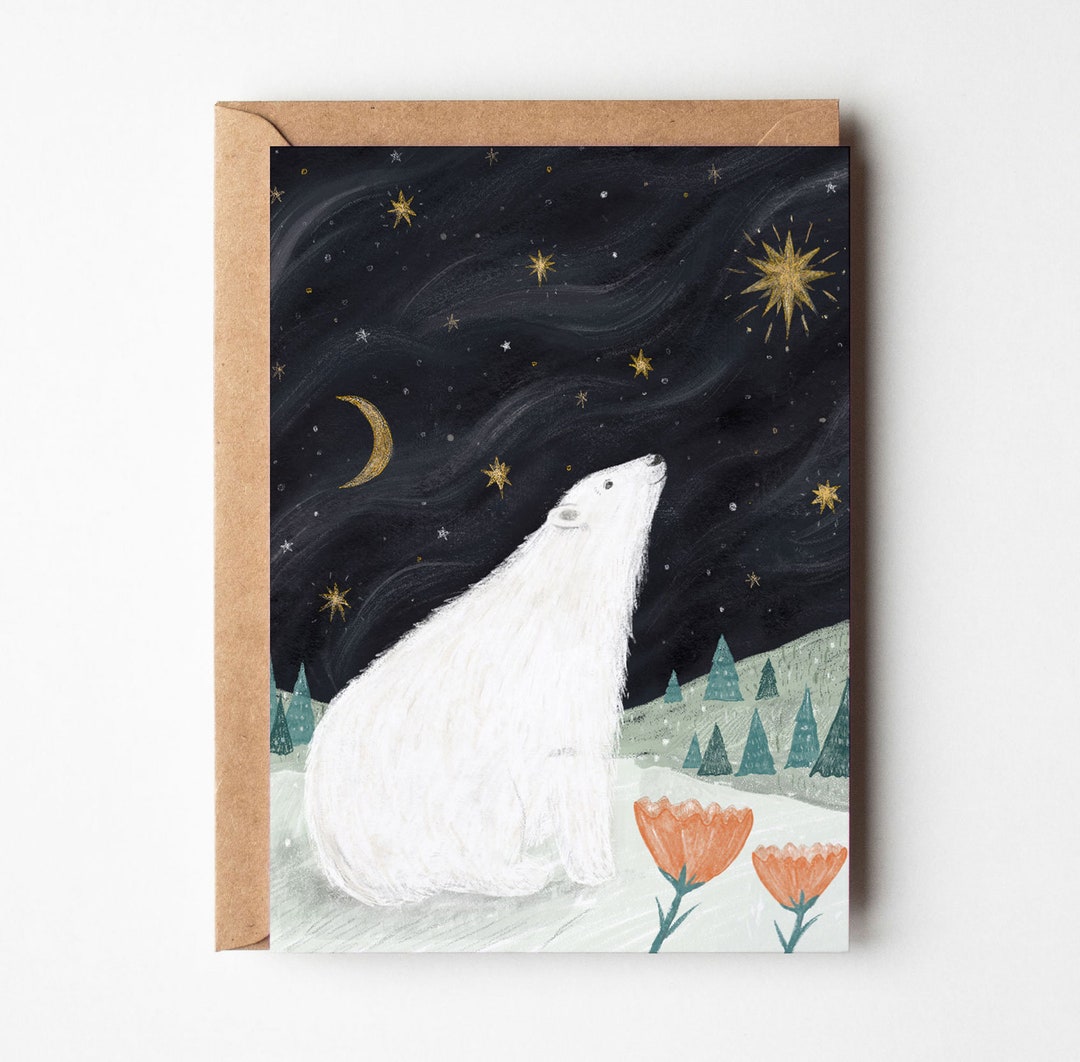 Polar Bear & Star Art Card: Textured Christmas Greeting - Etsy