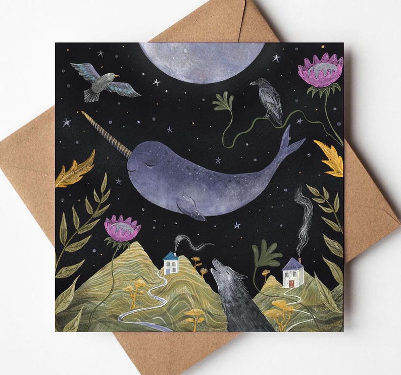 Narwhal Greeting Card: Magical Whale, Moon, and Wolf Illustration - Etsy