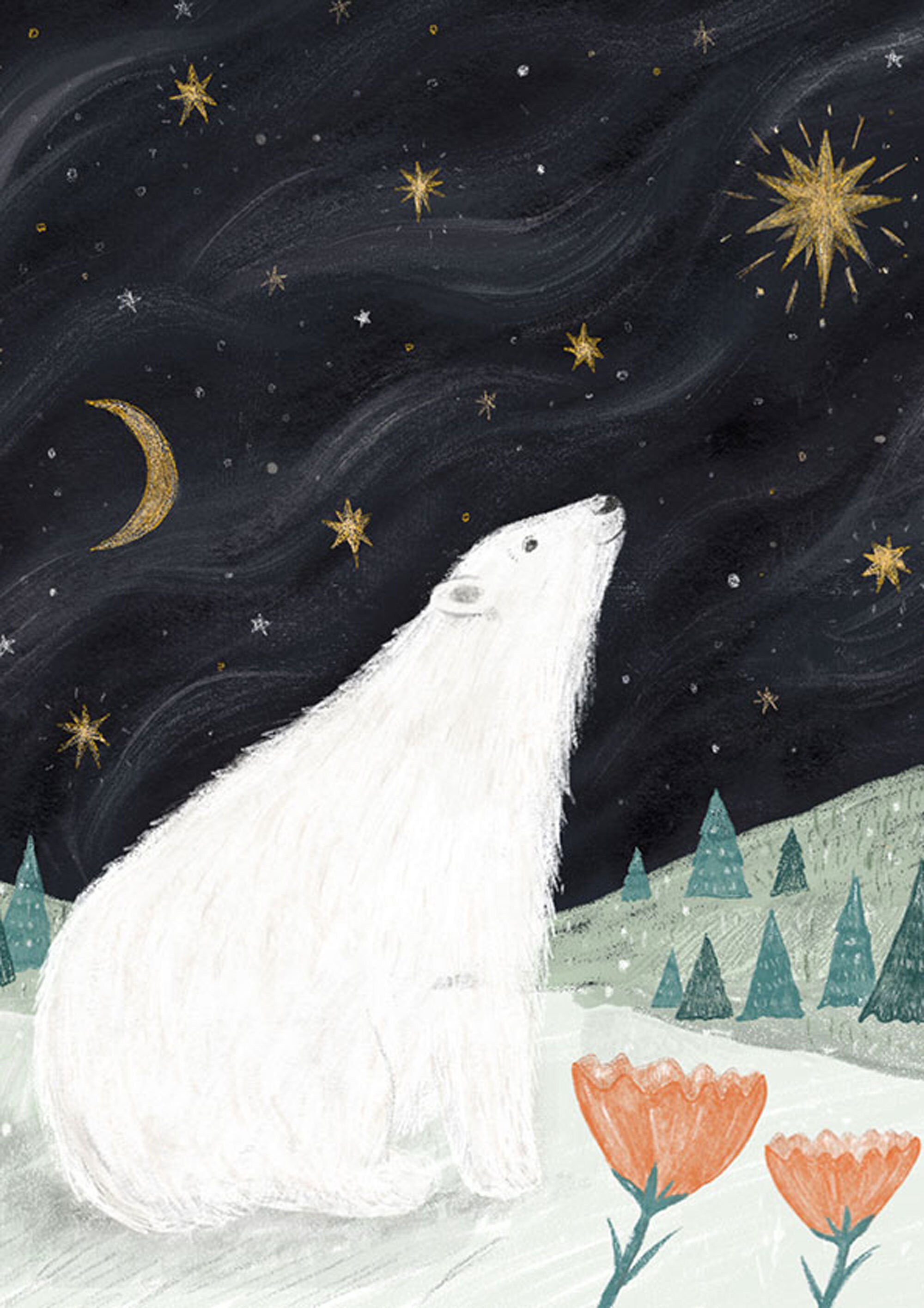 Polar Bear & Star Art Card: Textured Christmas Greeting - Etsy