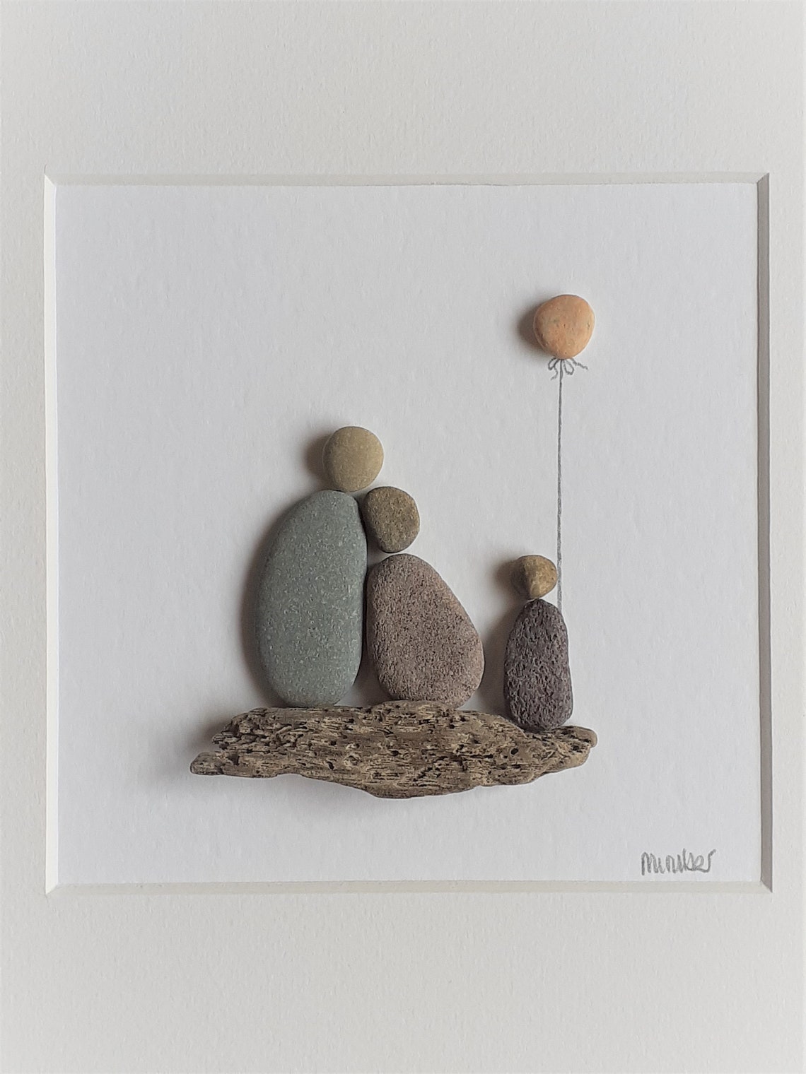 Pebble family of three Pebble people Framed pebble art | Etsy