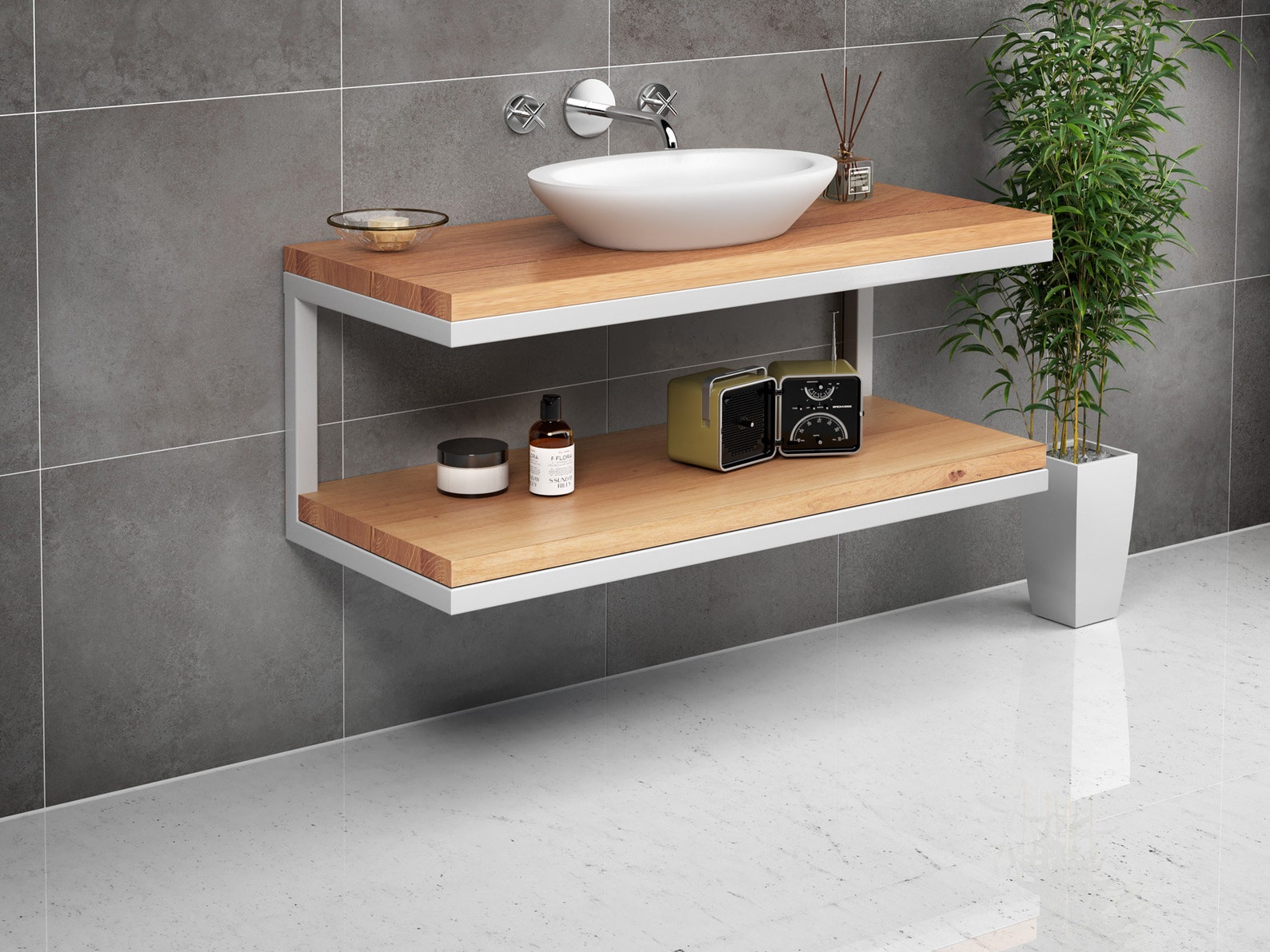 Waschtisch massiv schwebend Eiche Massivholz Baumkante komplett ...