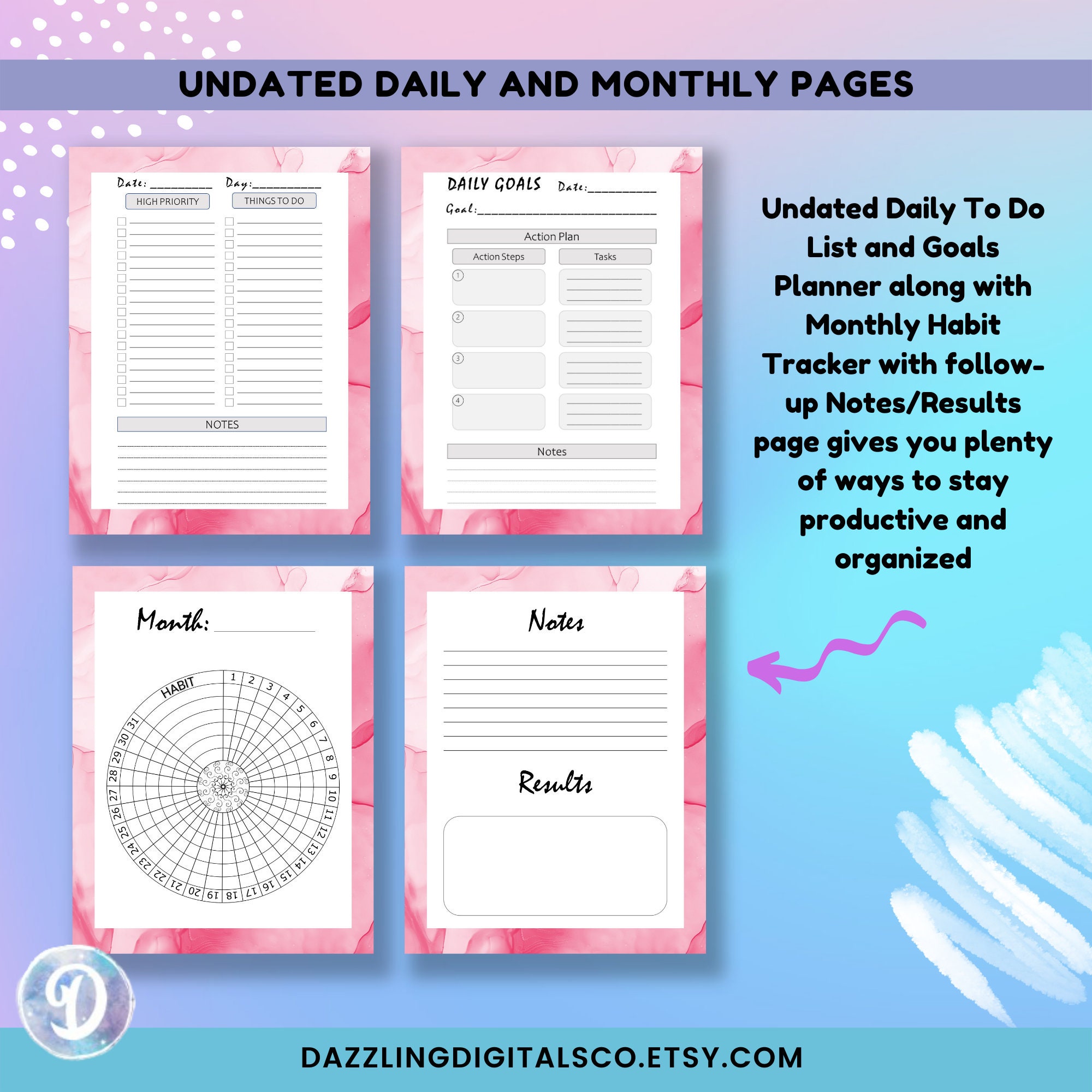 Productivity Planner Pack Undated Daily to Do Checklist Goals Monthly ...