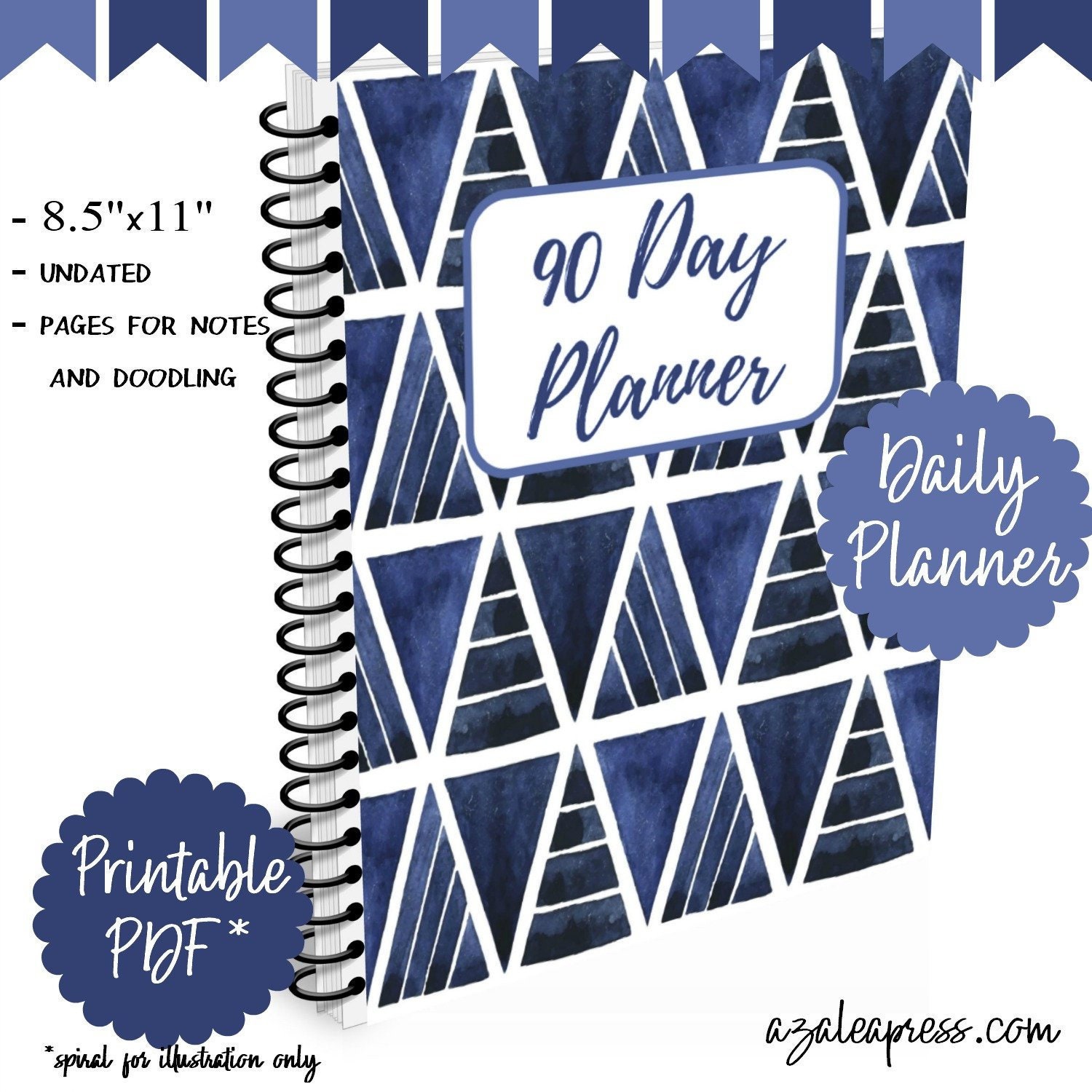 90 Day Planner Dateless Daily Calendar Organizer Scheduling to Do Blue ...