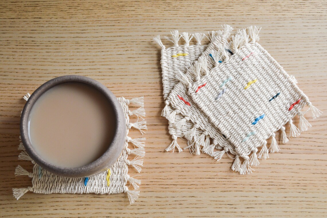Confetti Hand Woven Coaster Set Handmade Colorful Cotton - Etsy