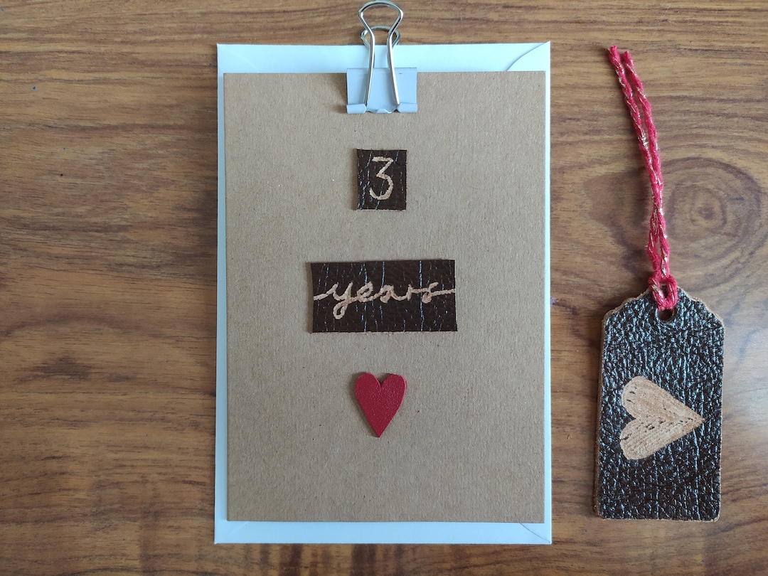 Handmade 3 Years Anniversary Card, Third Year Leather Anniversary Card ...