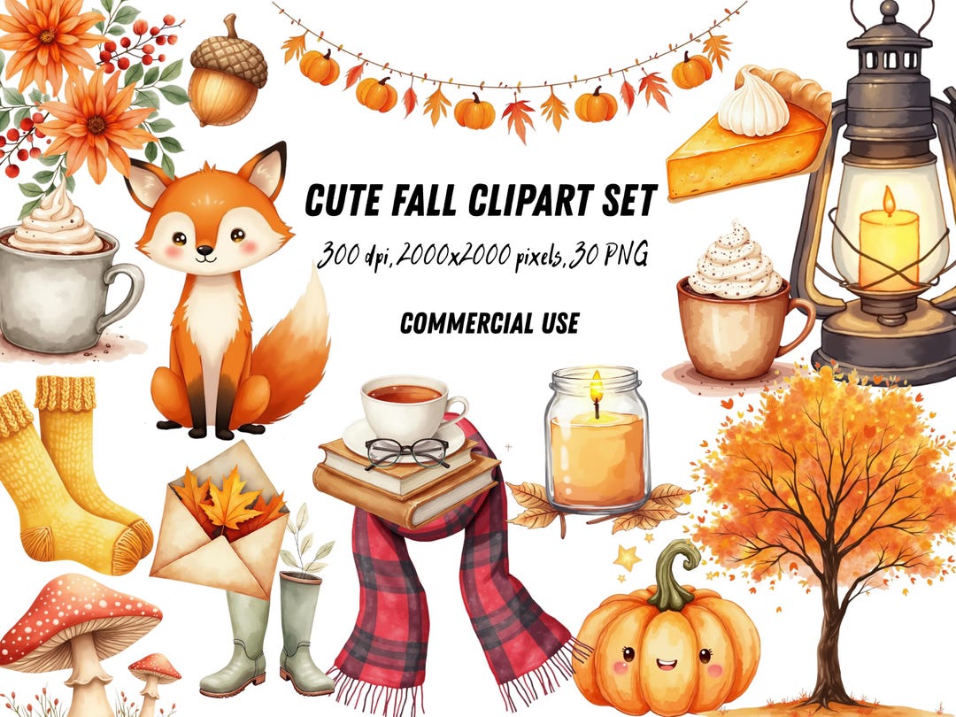 Cute Autumn Clipart Bundle, 30 PNG Elements – Fall Stickers, Pumpkin ...