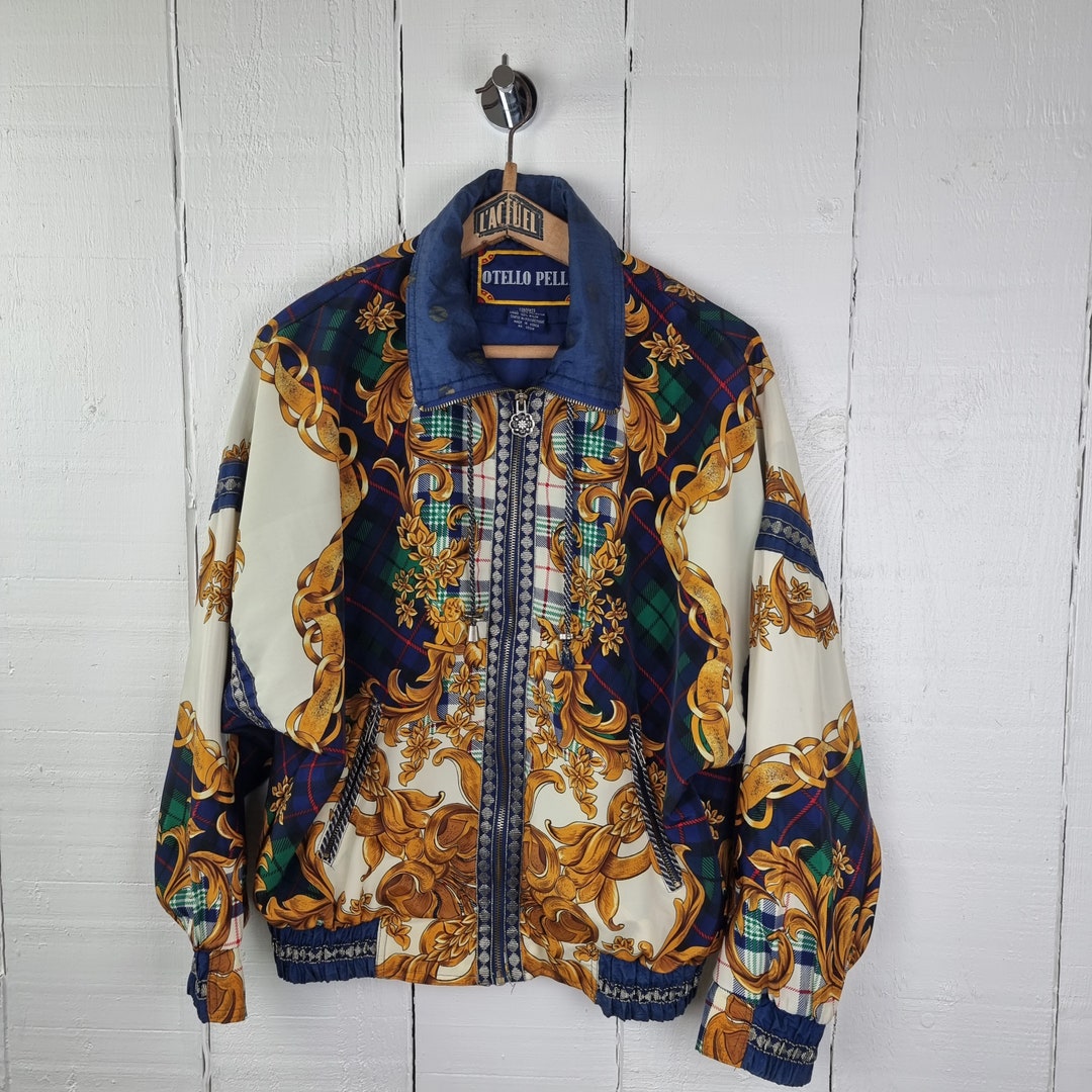 Vintage Bomber Jacket Funky Jacket Blue Gold Jacket Checkered Statement ...