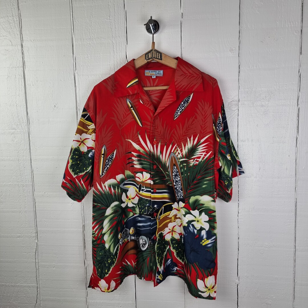 Vintage Hawaiian Shirt Red Green Shirt Surfer Style Car Design - Etsy