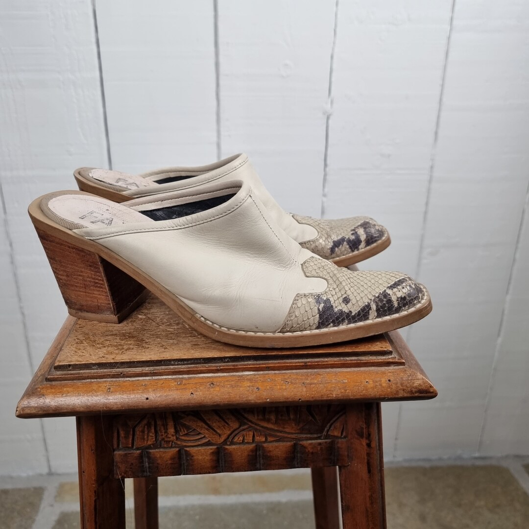90's Mules Vintage Heels 1990's Mules Cream and Snake Print Mules Slip ...